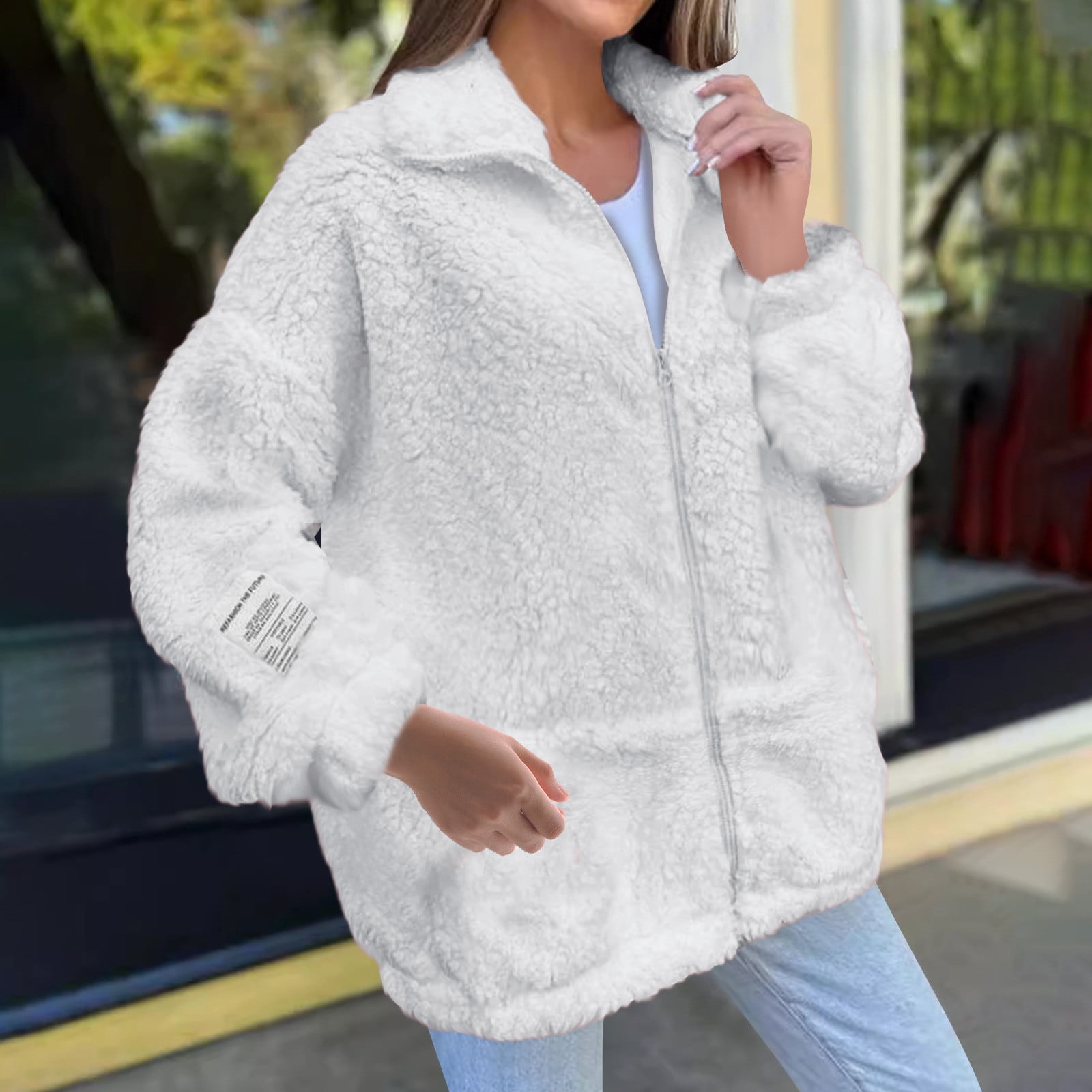 BSDJILFG Fleece Bomber Jackets for Women Full Zip Up Winter Coats Long ...