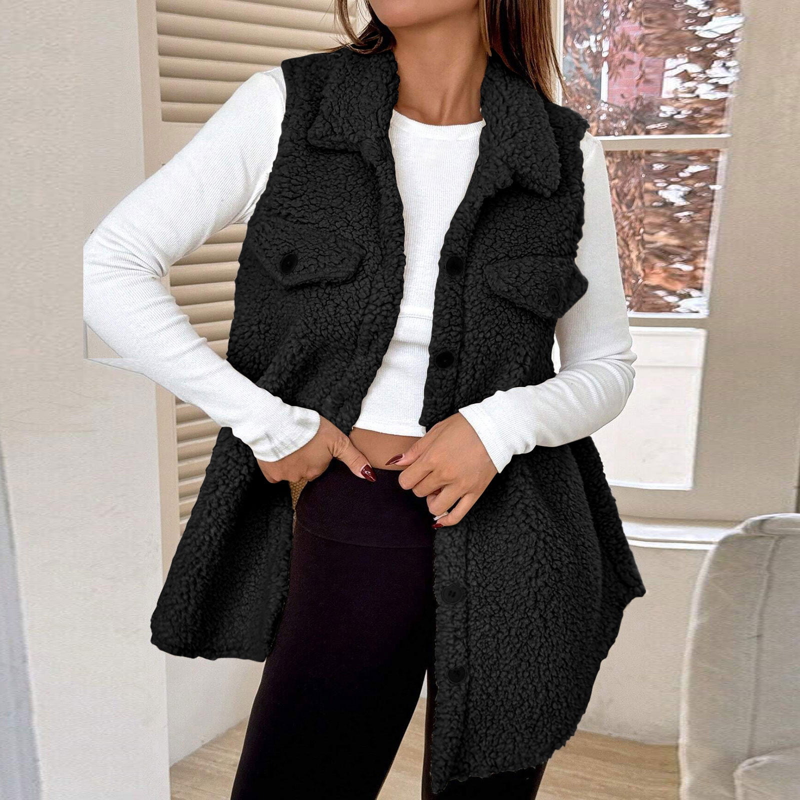 BSDJILFG Fleece Jacket Women Sleeveless Fuzzy Vests Button Down Cozy Warm Comfy Plush Fuzzy ...