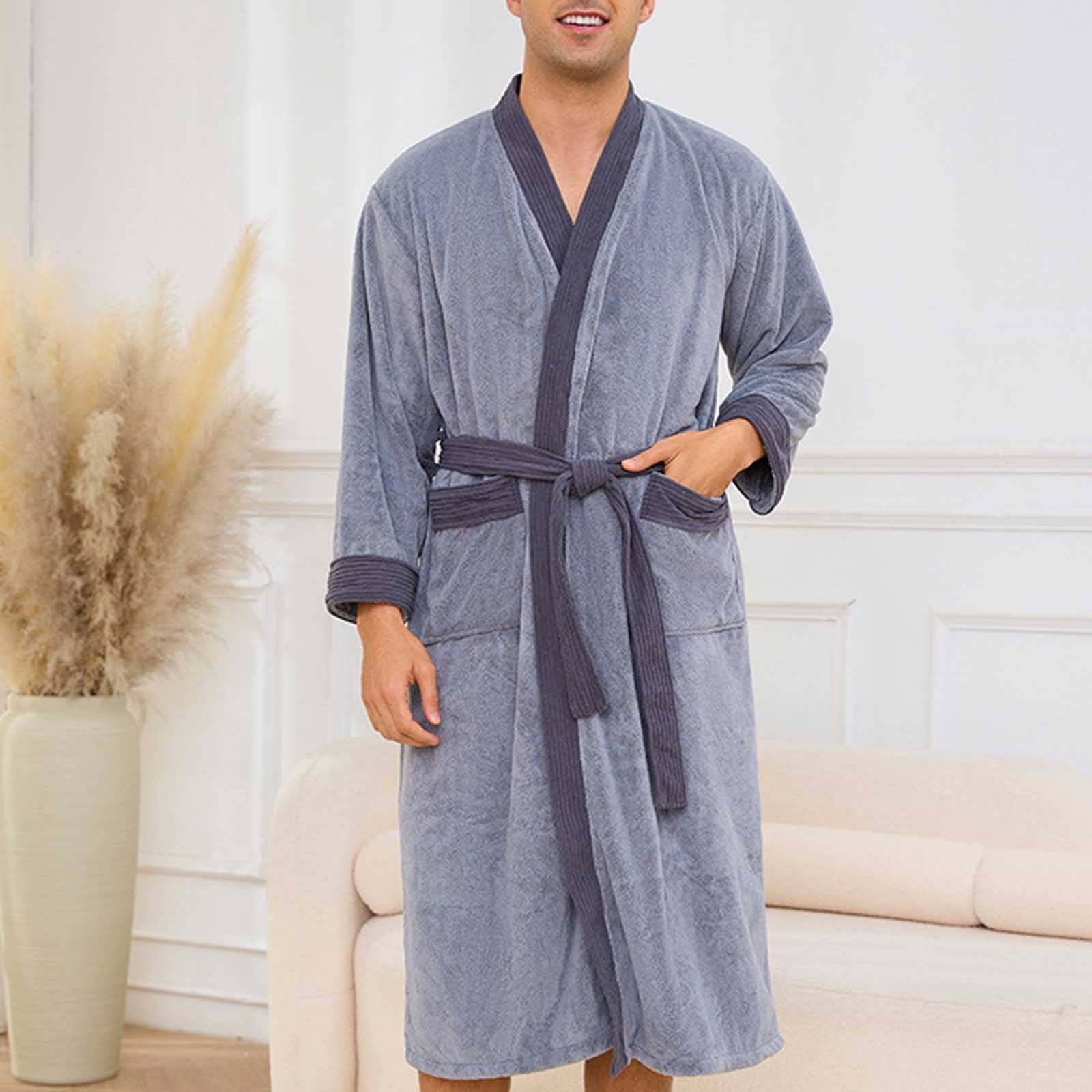 BSDJILFG Fleece Night-robes for Men Gray Nightwear Robes Long Sleeve ...