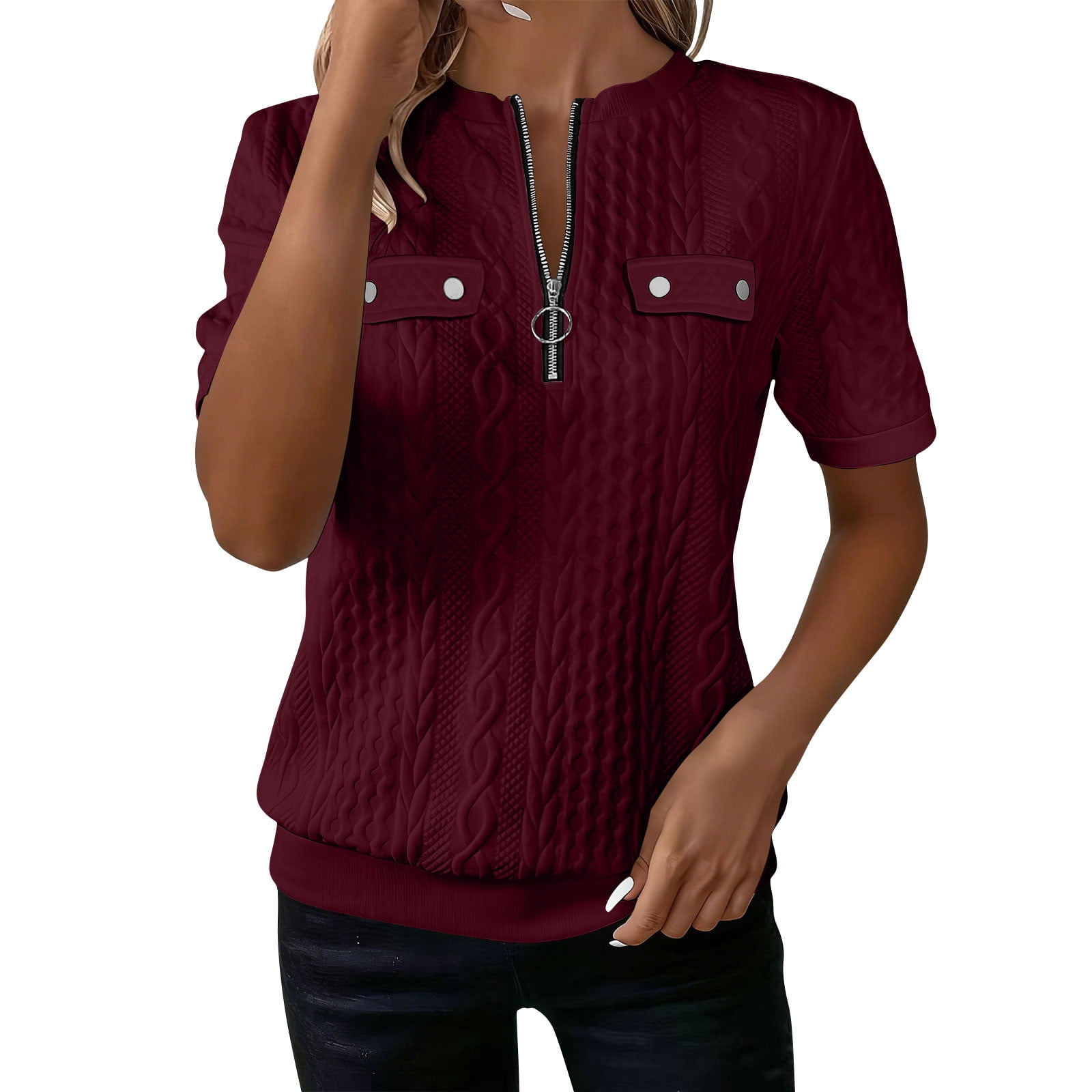BSDJILFG Half Zip Tops for Women Texture Knit Shirt Dressy Short Sleeve ...