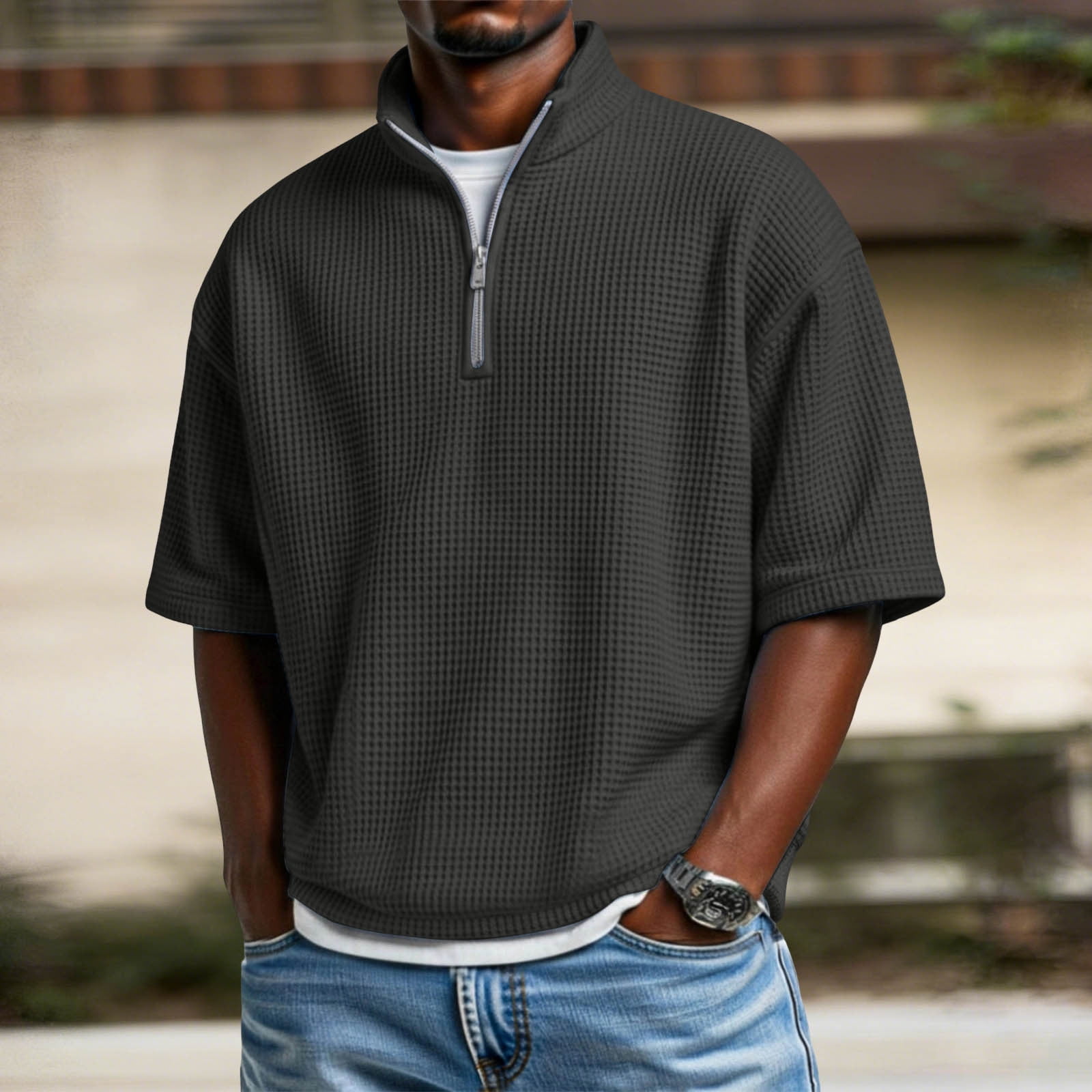 BSDJILFG Half Zipper Golf Shirts for Men Waffle Texture Knit Casual ...