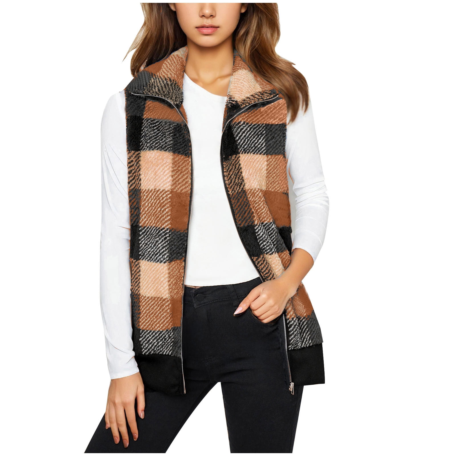 BSDJILFG Jacket Vests for Women Plus Size Fleece Color Block Plaid ...