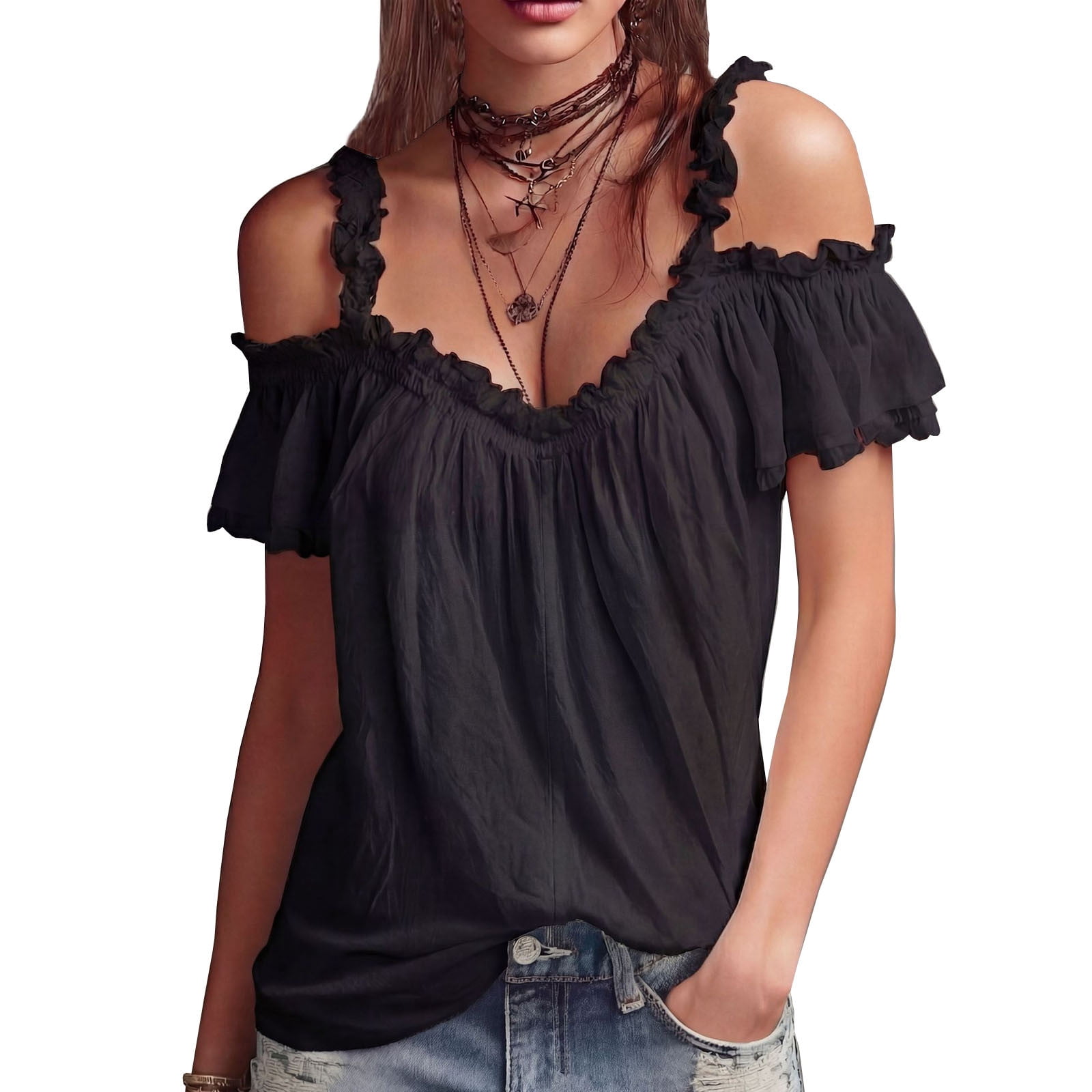 BSDJILFG Lace Tops for Women Cute Babydoll Top Off the Shoulder Ruched ...