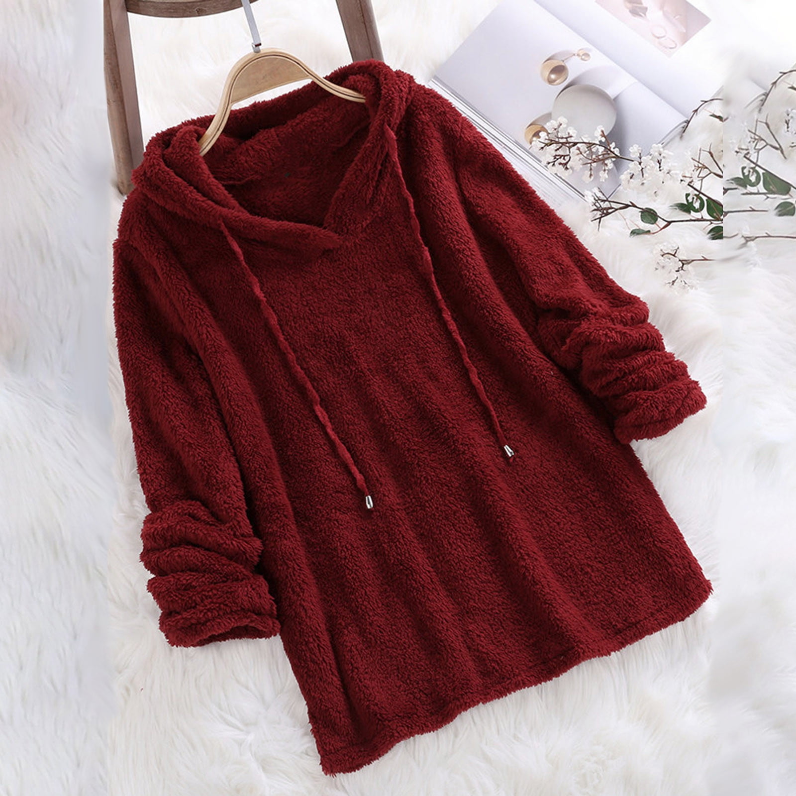 BSDJILFG Long Fleece Hoodies for Women Casual Fuzzy Sweatshirt V-Neck ...