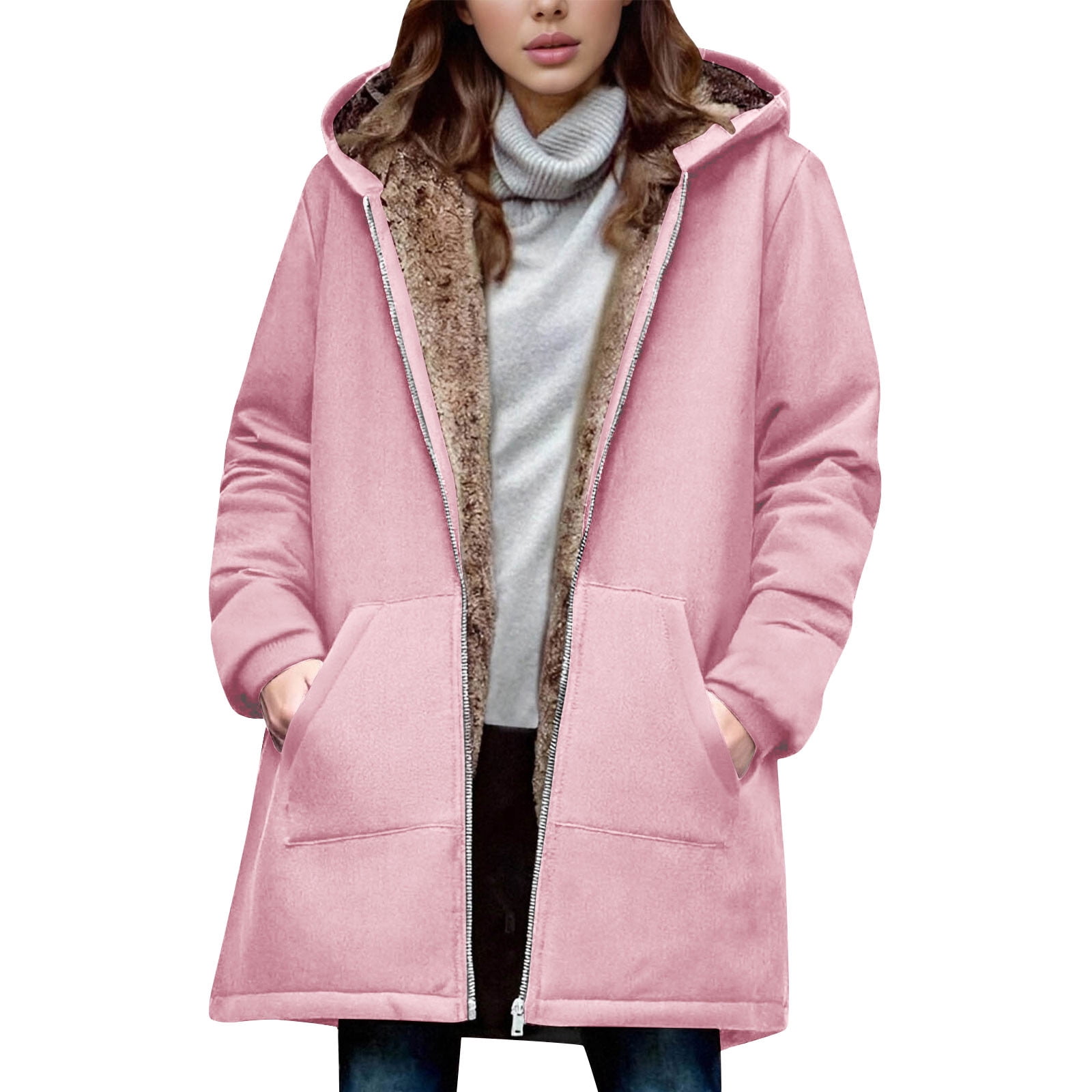 BSDJILFG Long Fleece Jackets for Women with Hoodie Zip Up Cotton Loose ...