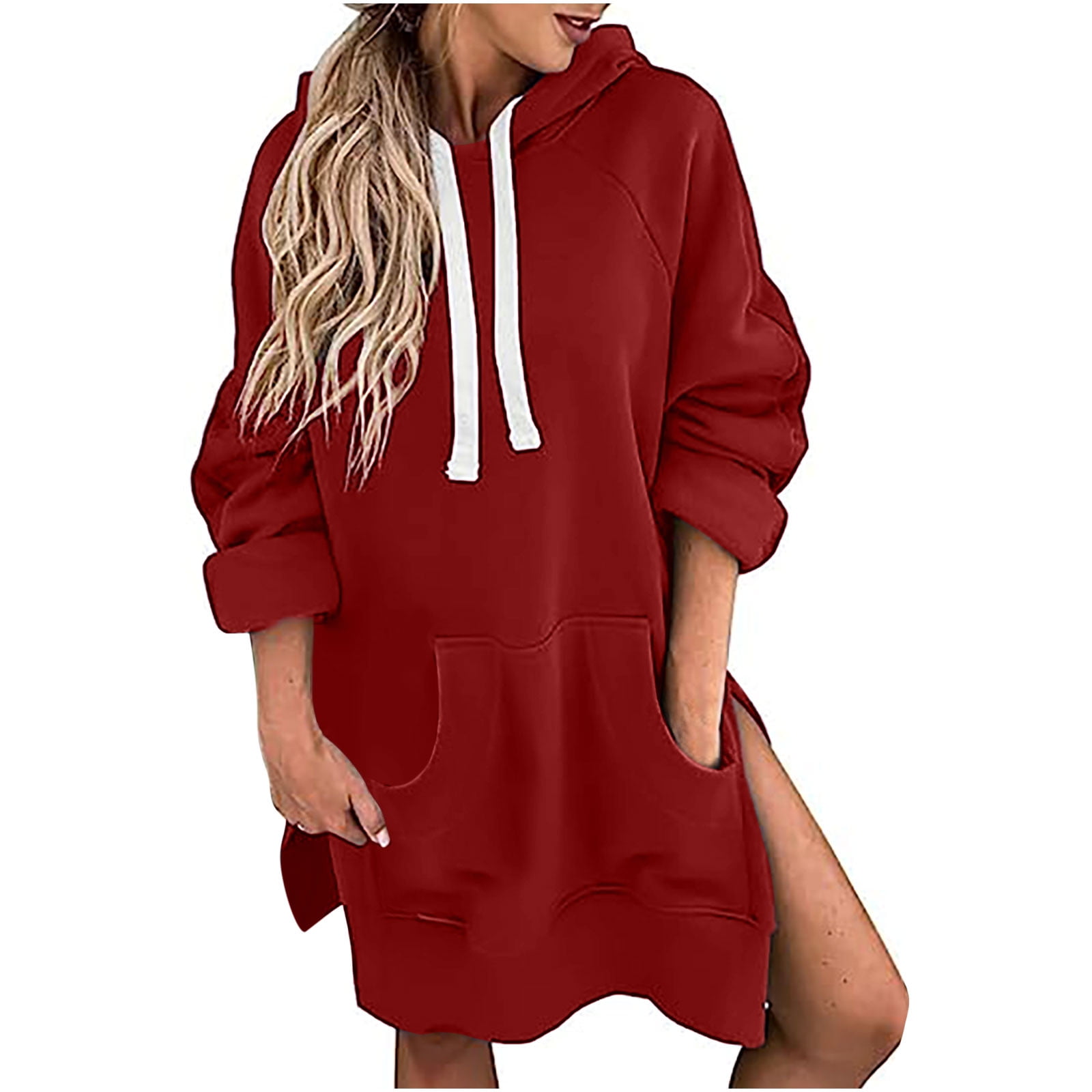 BSDJILFG Long Hoodies for Women Fall Winter Trendy Sweatshirt Dress Side Split Hooded Outerwear ...