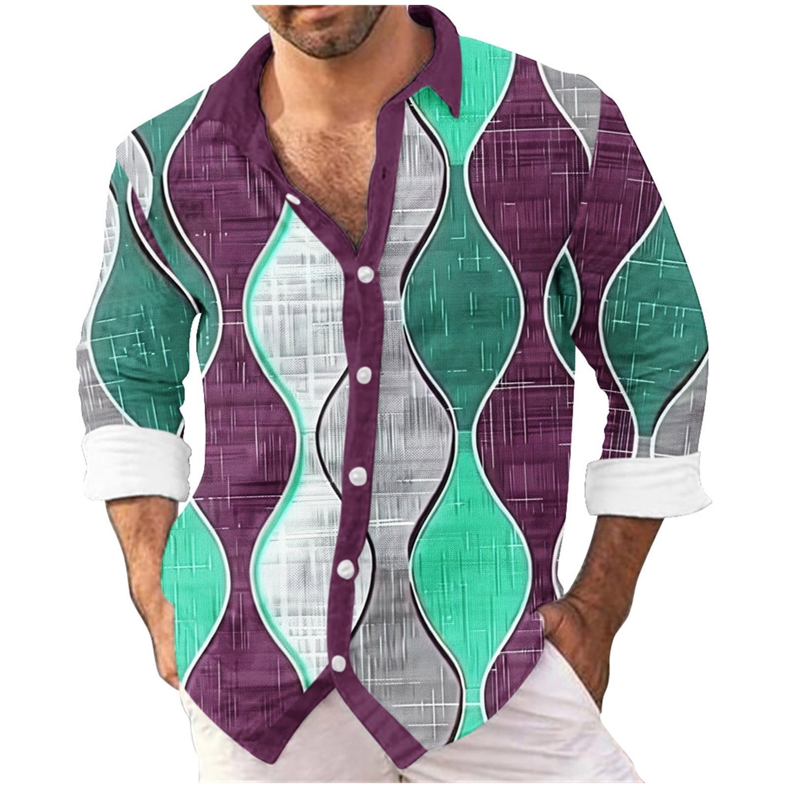 BSDJILFG Men's Graphic Shirt Big and Tall Vintage Wave Printed Linen ...