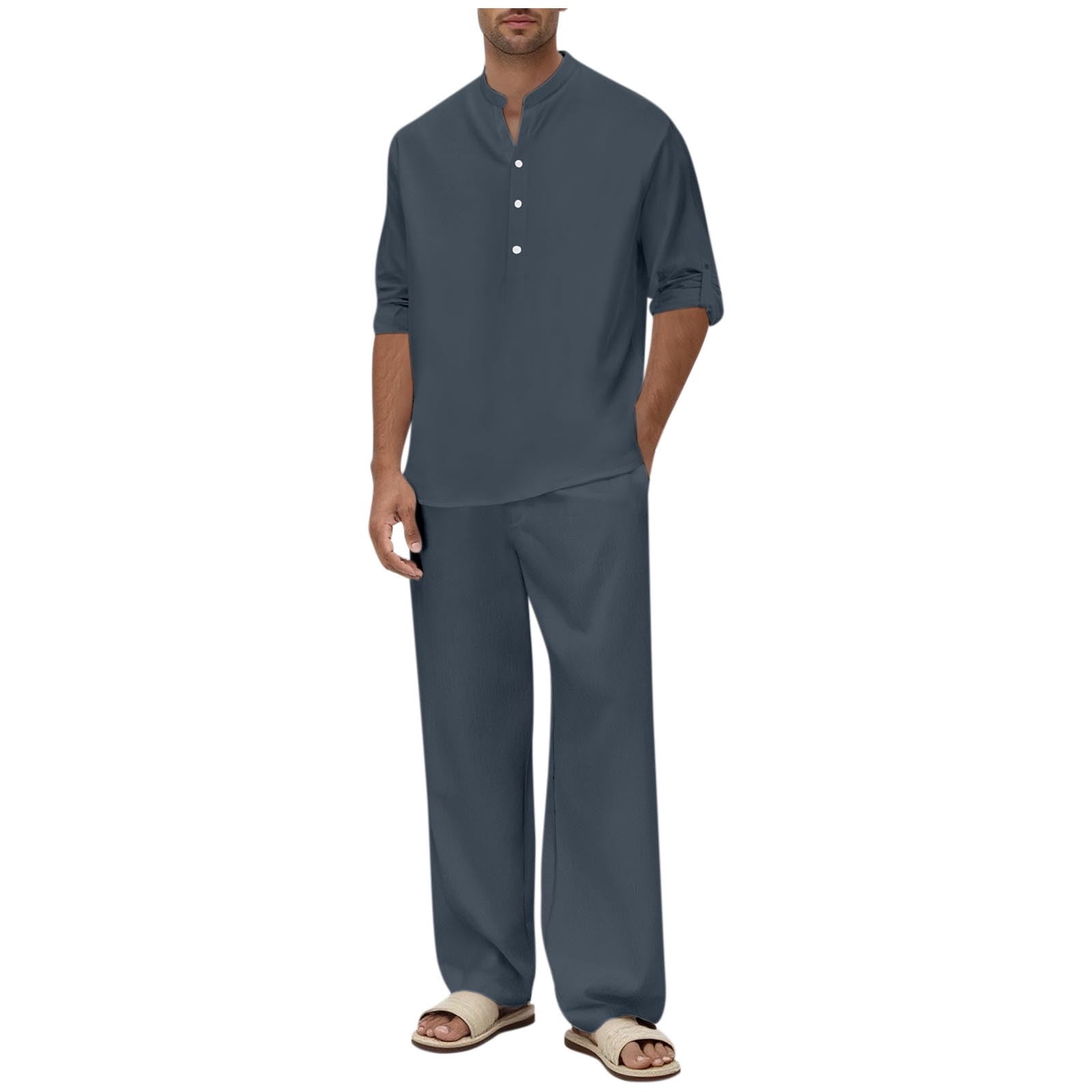 BSDJILFG Mens 2 Pieces Cotton Linen Sets Long Sleeve Casual Henley ...