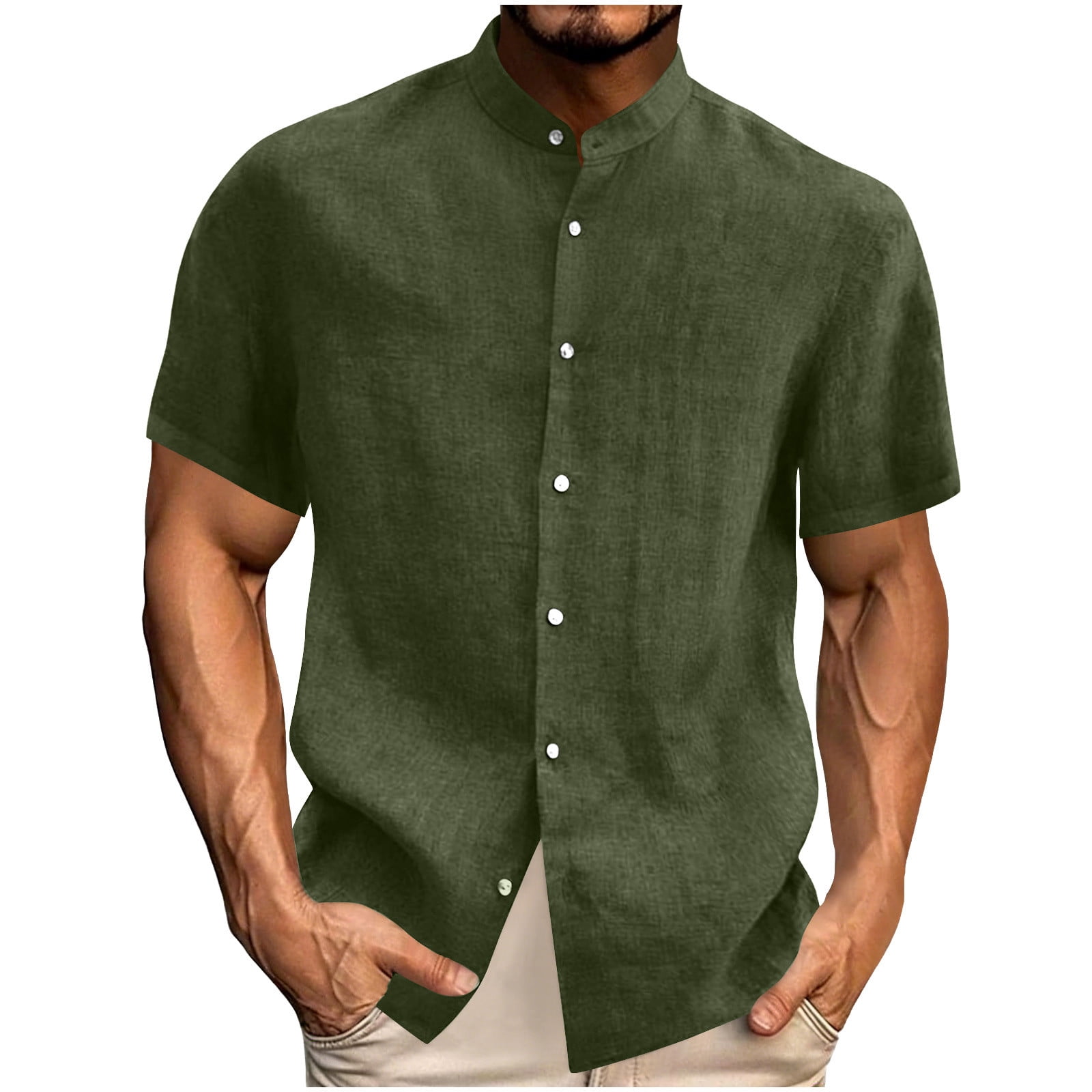 BSDJILFG Mens Button Down Shirts Cotton Linen Tops Casual Mock Neck ...