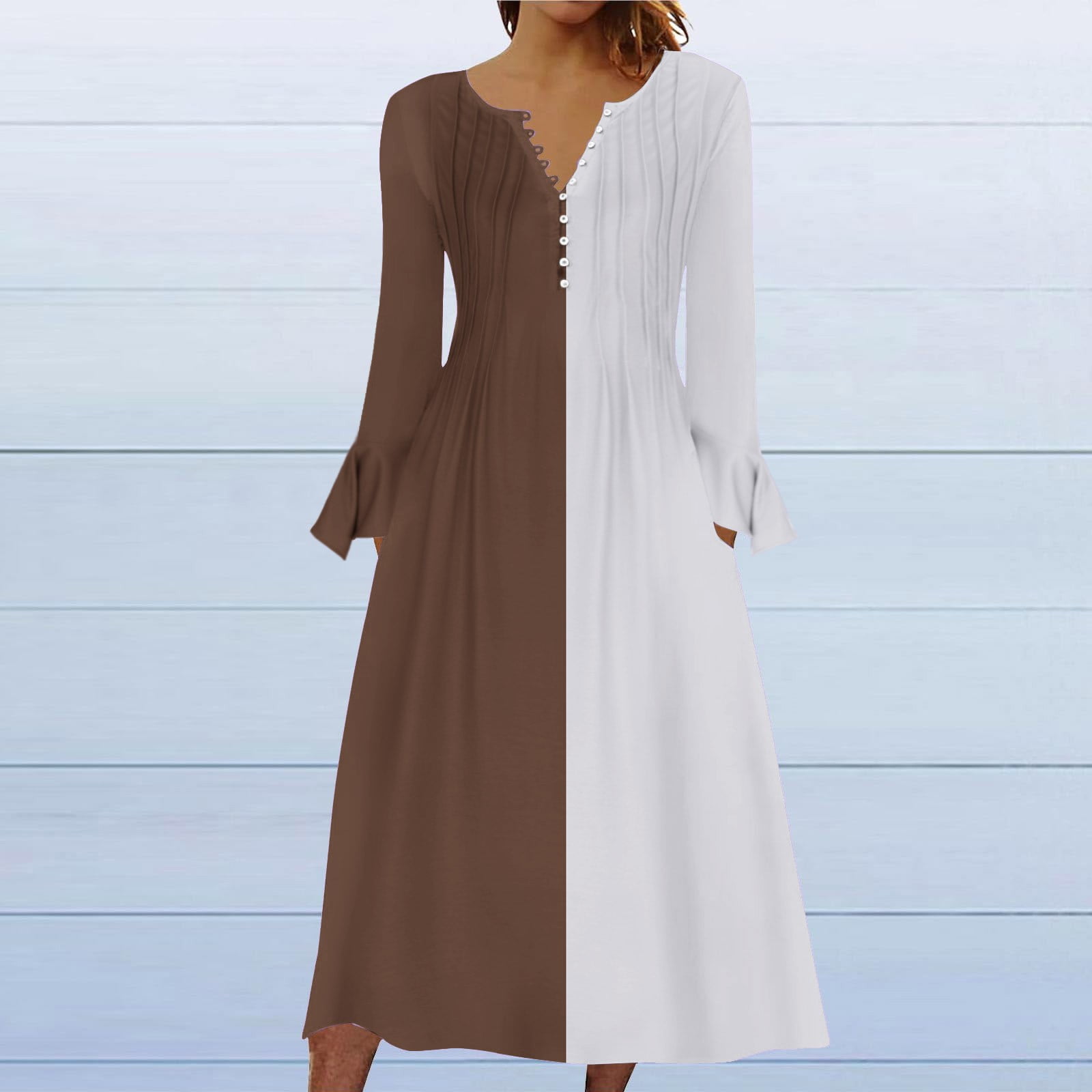 BSDJILFG Plus Size Dresses for Evening Fall Color Block Bell Sleeve ...