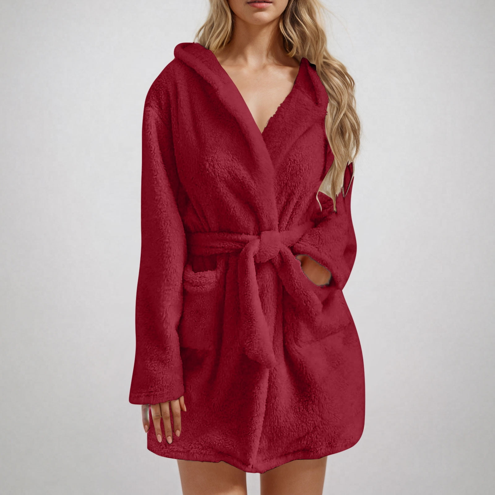 BSDJILFG Plus Size Robes for Women Casual Long Sleeve Tie Front Warm ...