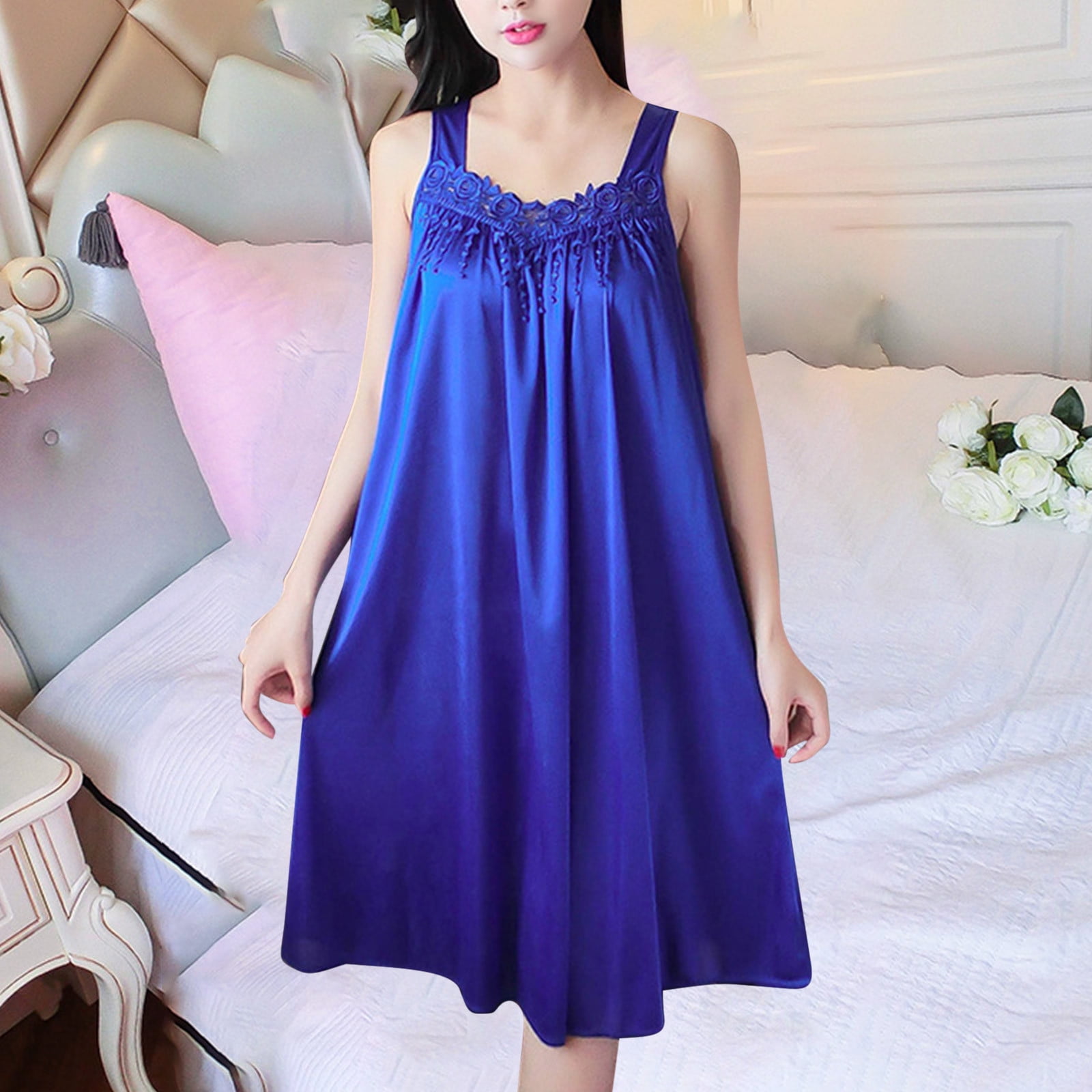 BSDJILFG Satin Dress for Women Sleeveless V-Neck Silky Nightgowns Flowy ...