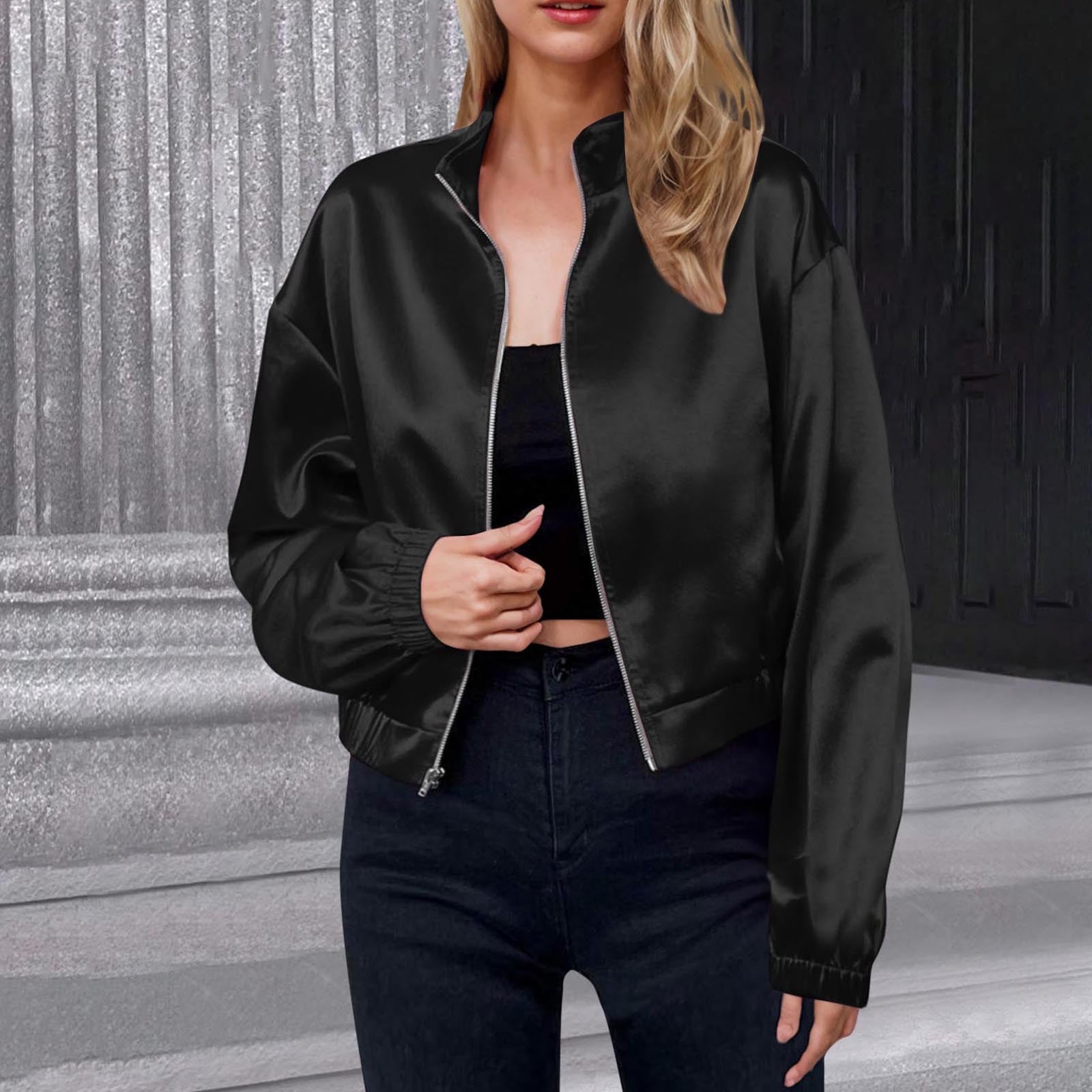 BSDJILFG Satin Jackets for Women Zip Up Cropped Bomber Jacket Stand ...