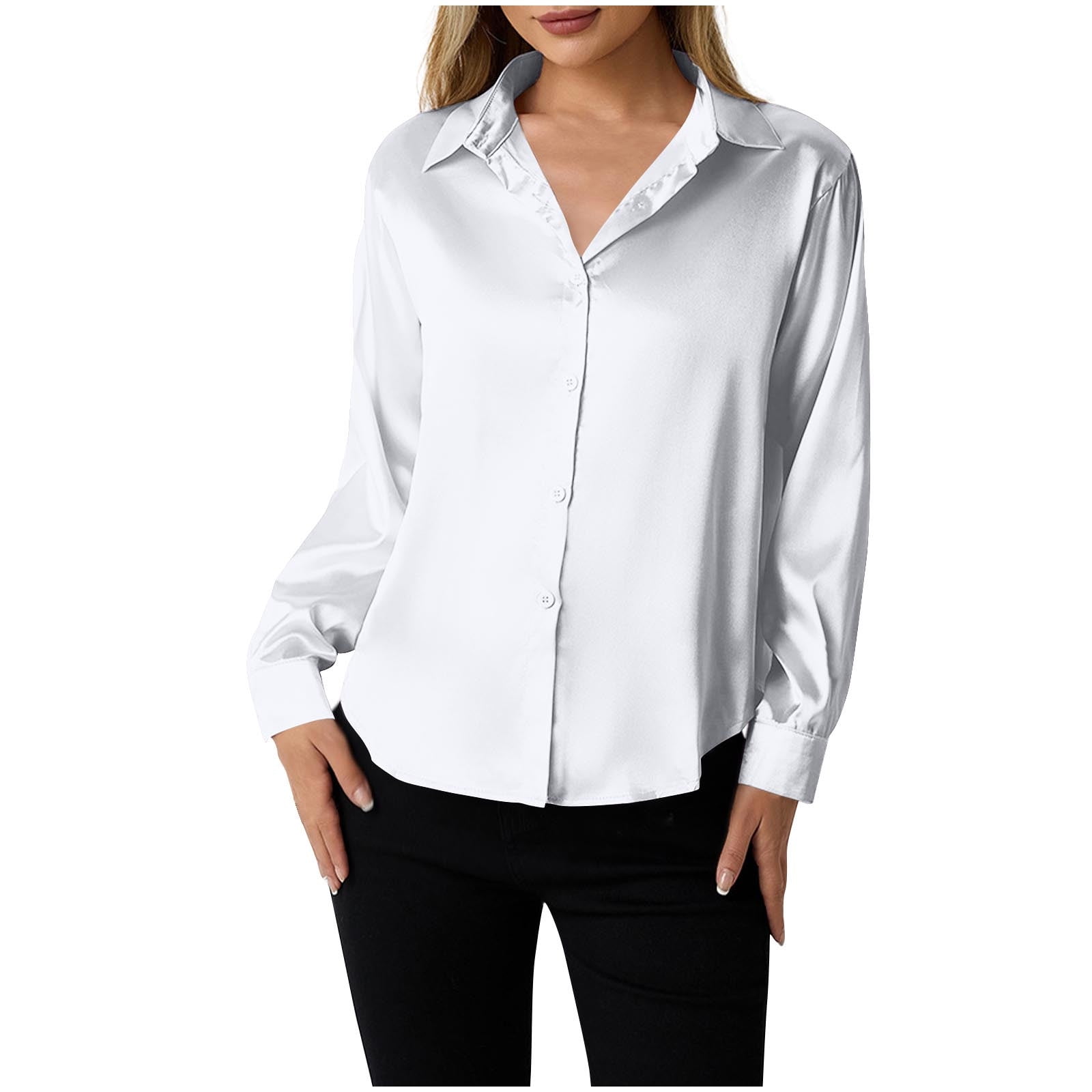 BSDJILFG Silky Button Blouse Womens Satin Dress Tops Business Casual ...