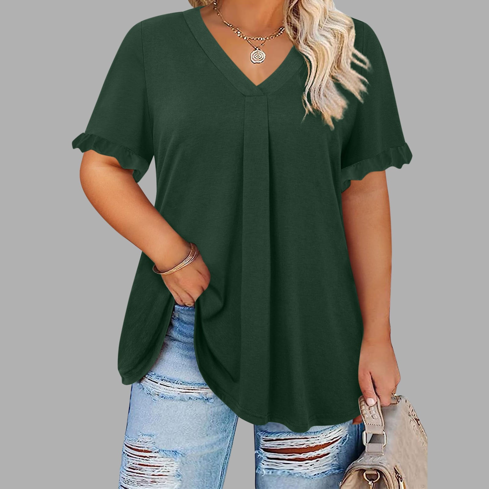 BSDJILFG Spring Tops for Women Plus Size Ruffle Short Sleeve V-Neck ...