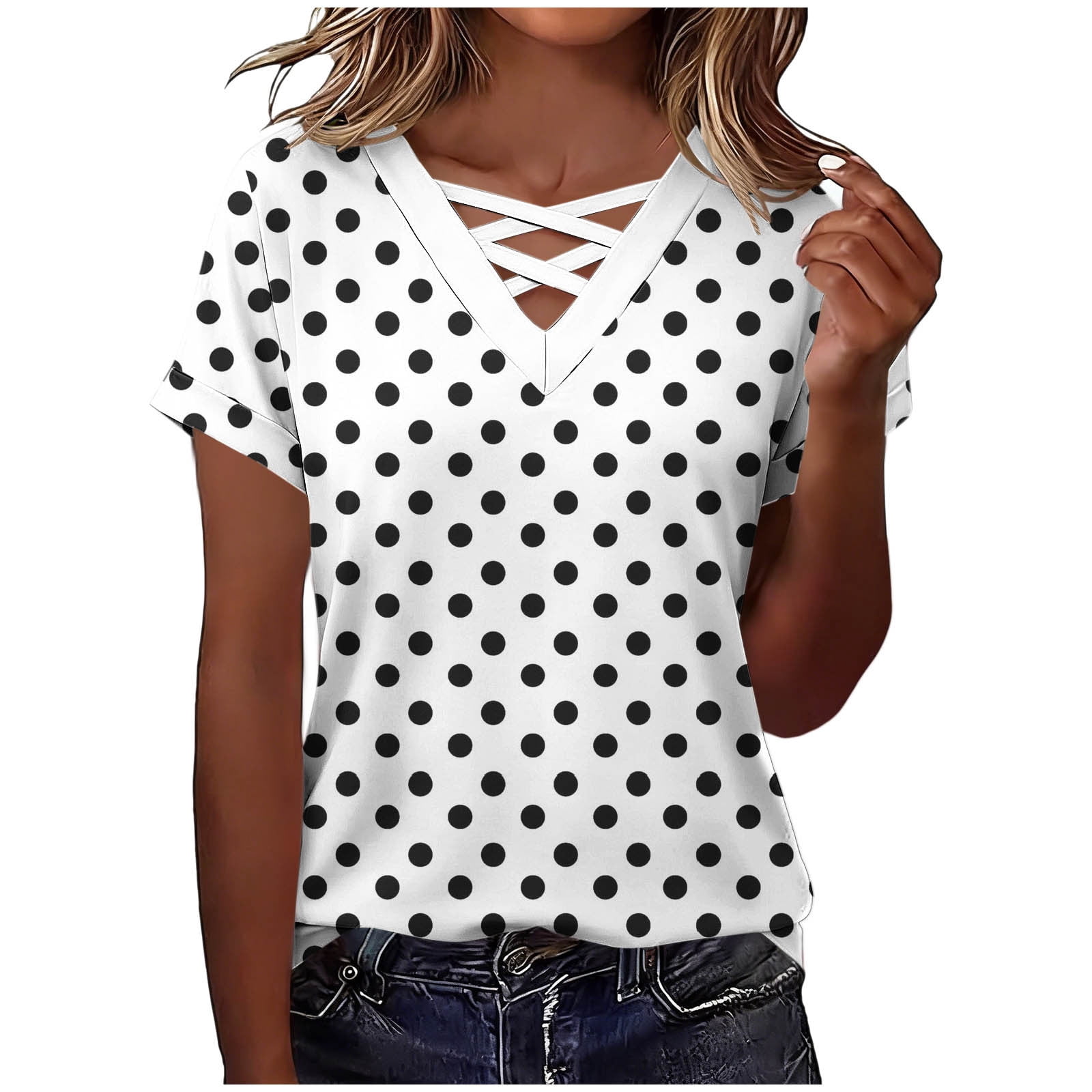 BSDJILFG Summer T-Shirts for Women Vintage Polka Dot Graphic Tee Cross ...