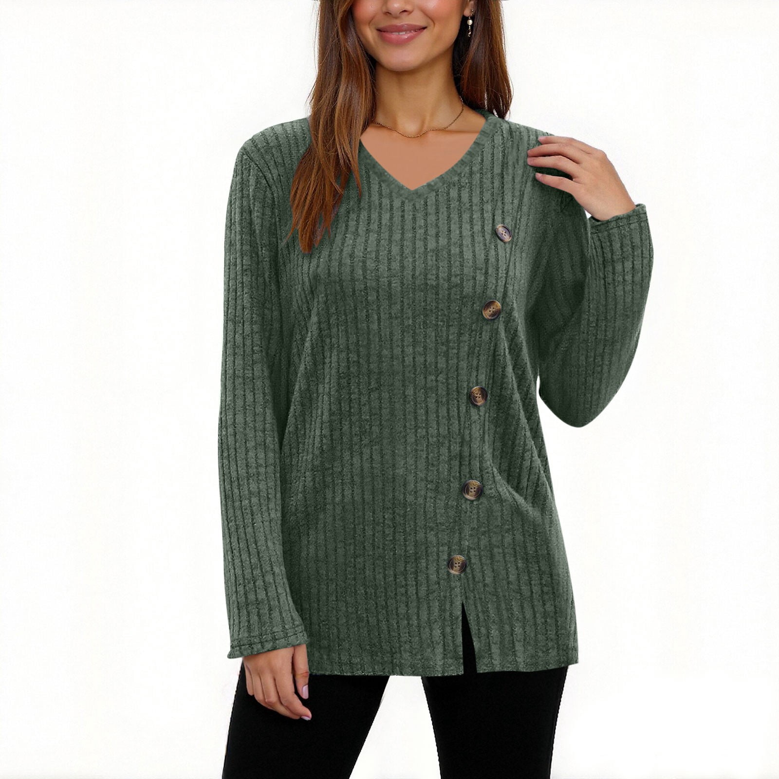 BSDJILFG Sweaters for Women Long Sleeve Knit Top Dressy V-Neck Shirt ...