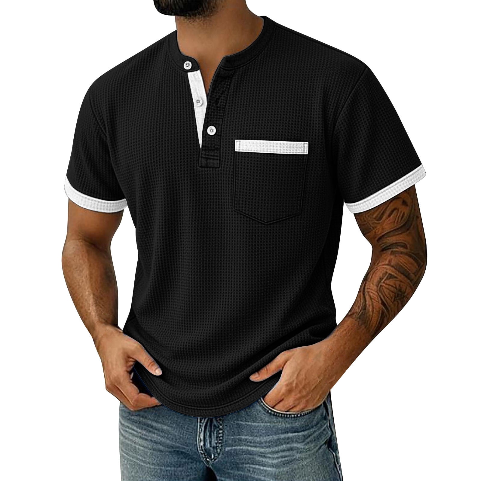 BSDJILFG Waffle Knit Tops for Men Summer Buttons Up Short Sleeve Color ...