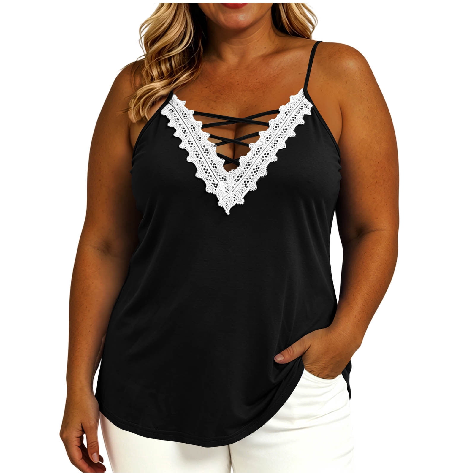 BSDJILFG Womens Plus Size Tank Tops Casual Lace Camisole V-Neck ...