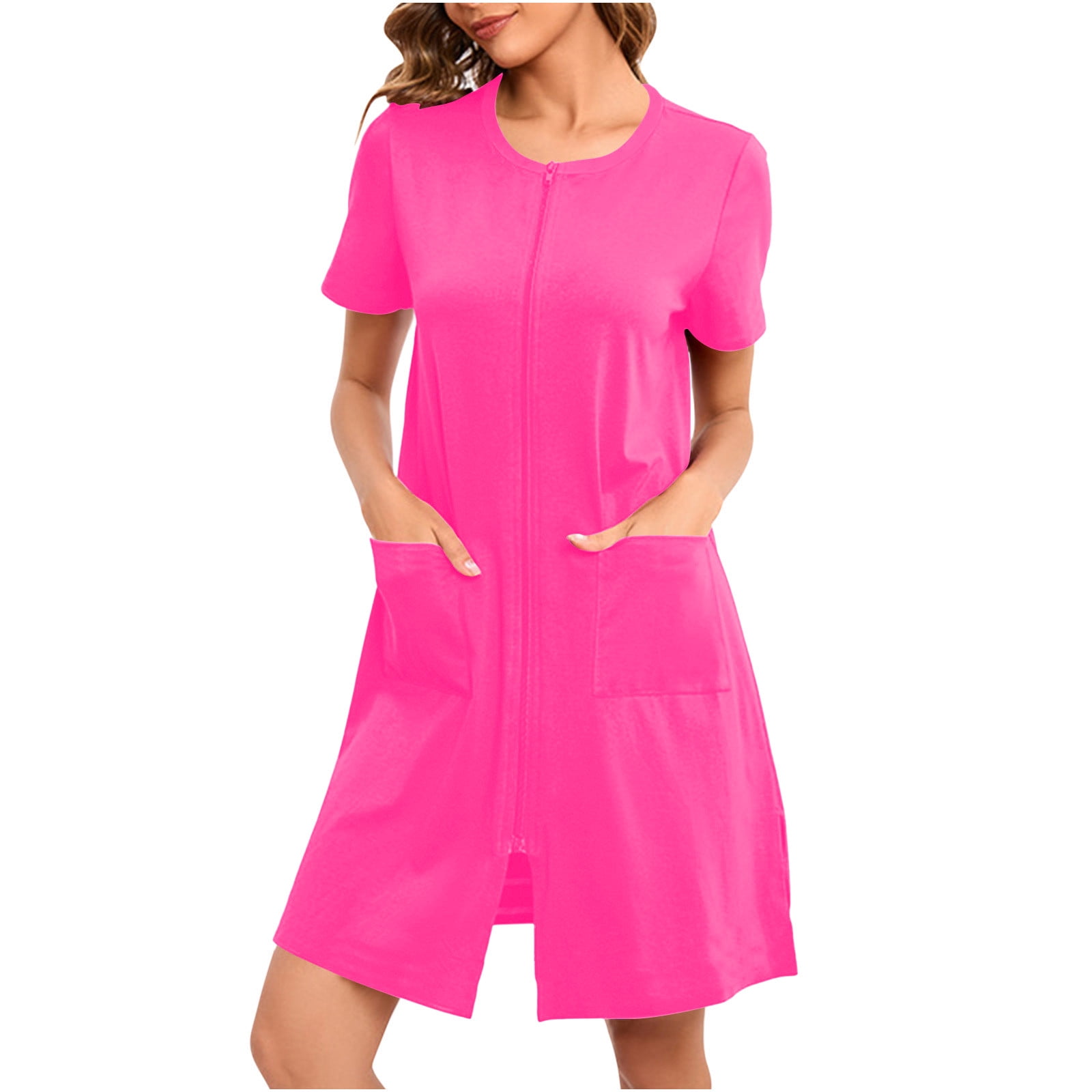 BSDJILFG Womens Short Nightgowns with Pockets,Short Sleeve Full Zip Up ...