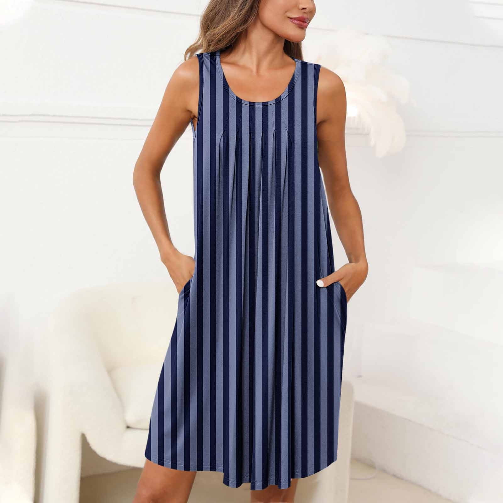 BSDJILFG Womens Striped Nightgowns Sleeveless Tanks Breathable Pleated ...