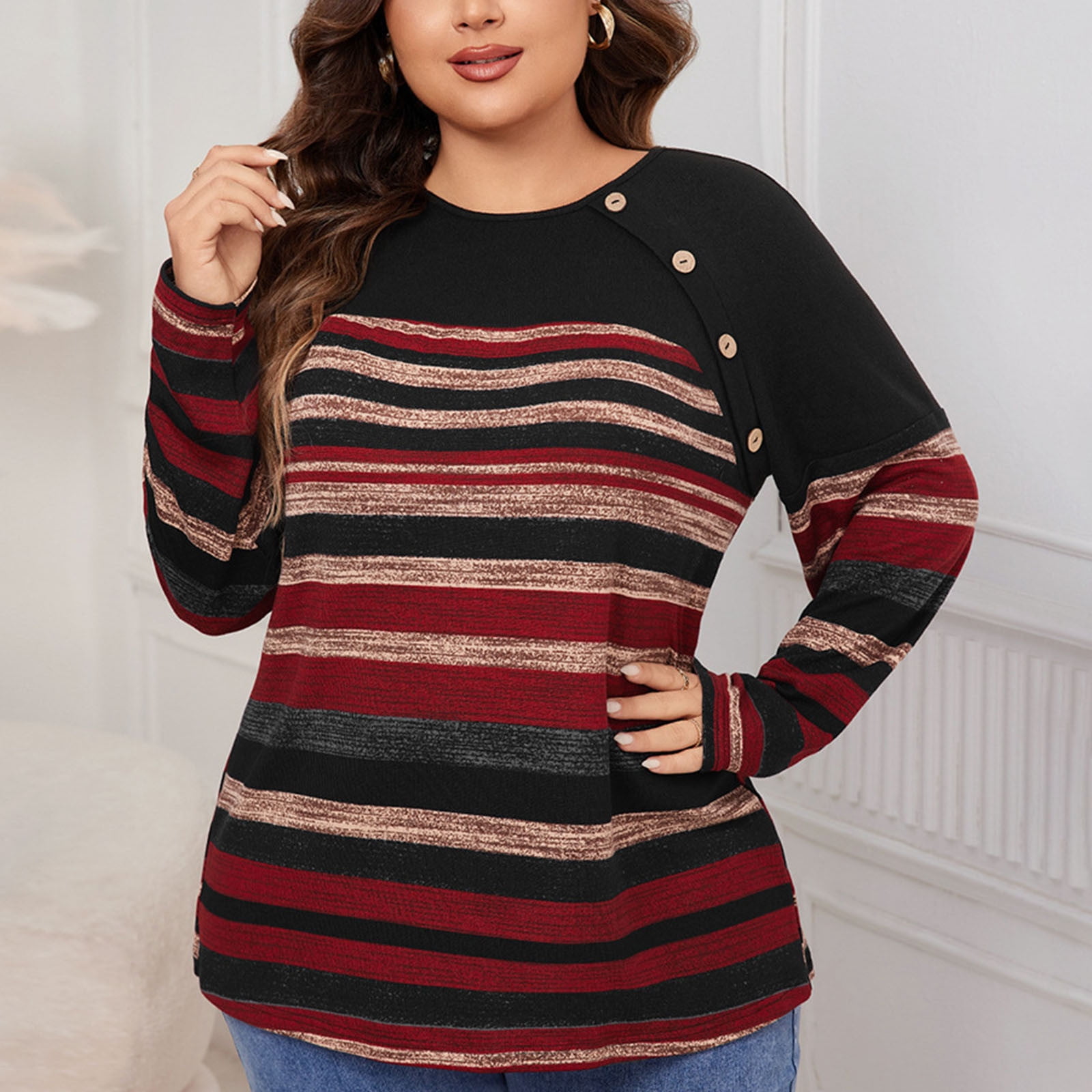 BSDJILFG Womens Striped Sweaters Fall Casual Oversized Crewneck ...