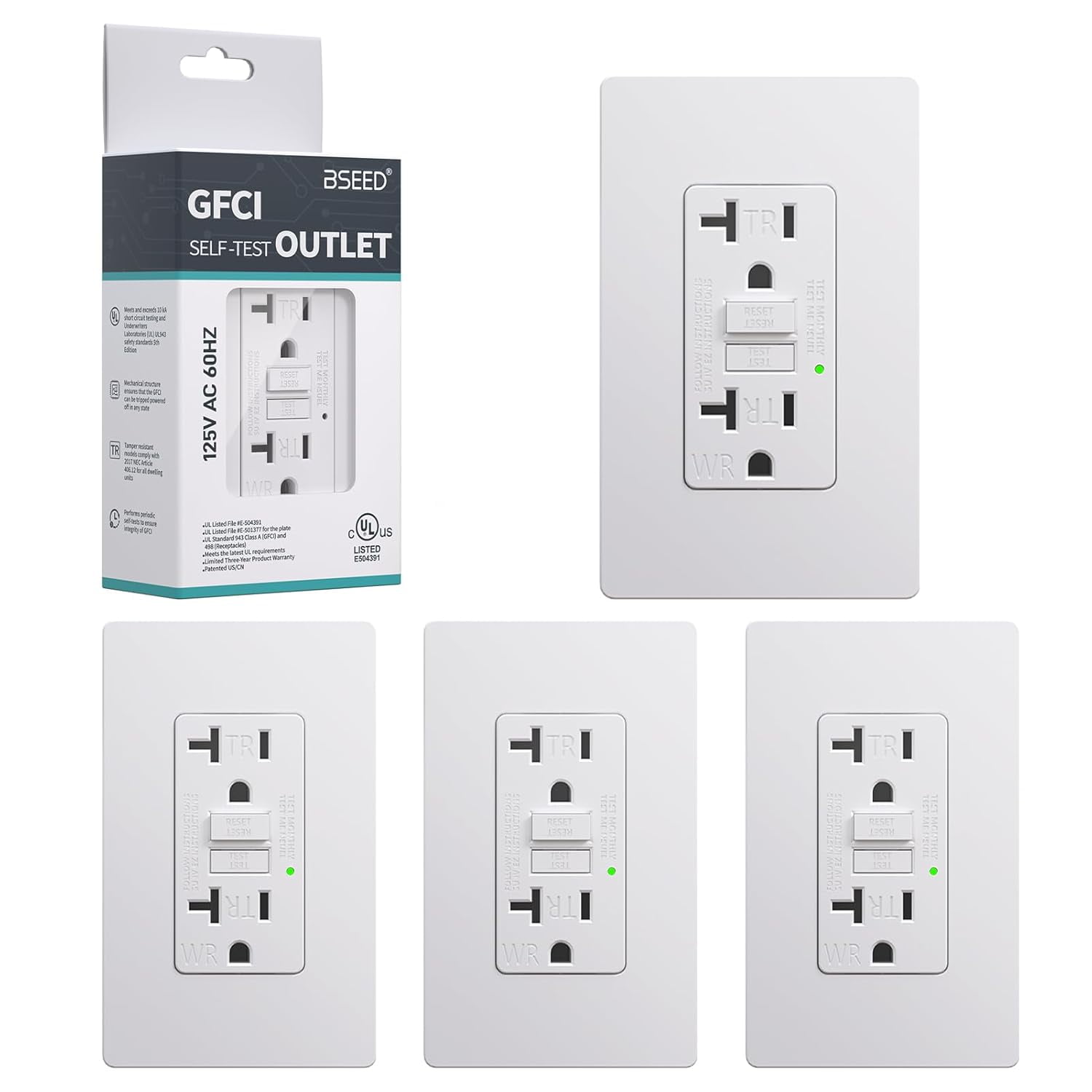BSEED GFCI Outlet 20 Amp, 4 Pack Self-Test GFI Electrical Outlet with ...