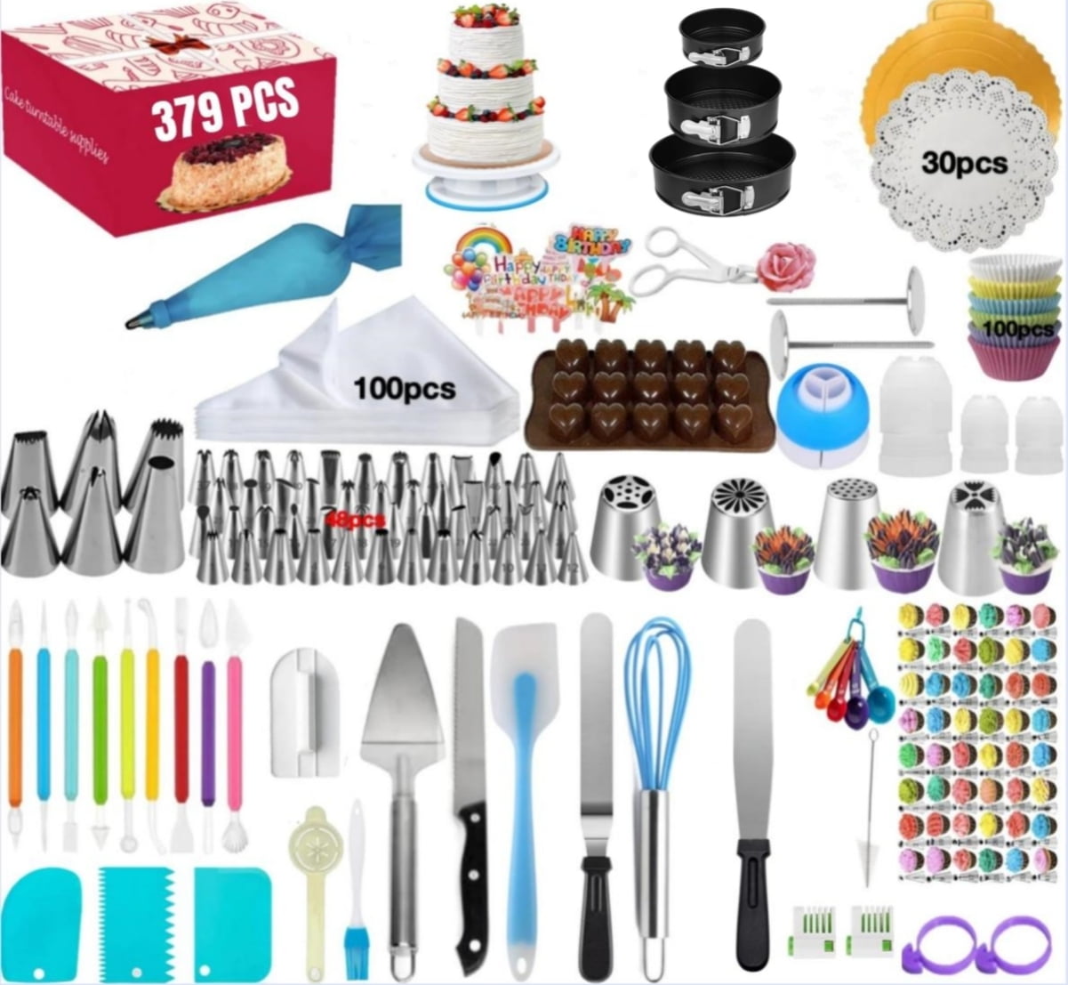 BSHAPPLUS 379 Pcs Cake Decorating Kit with Baking Tools, Turntable ...