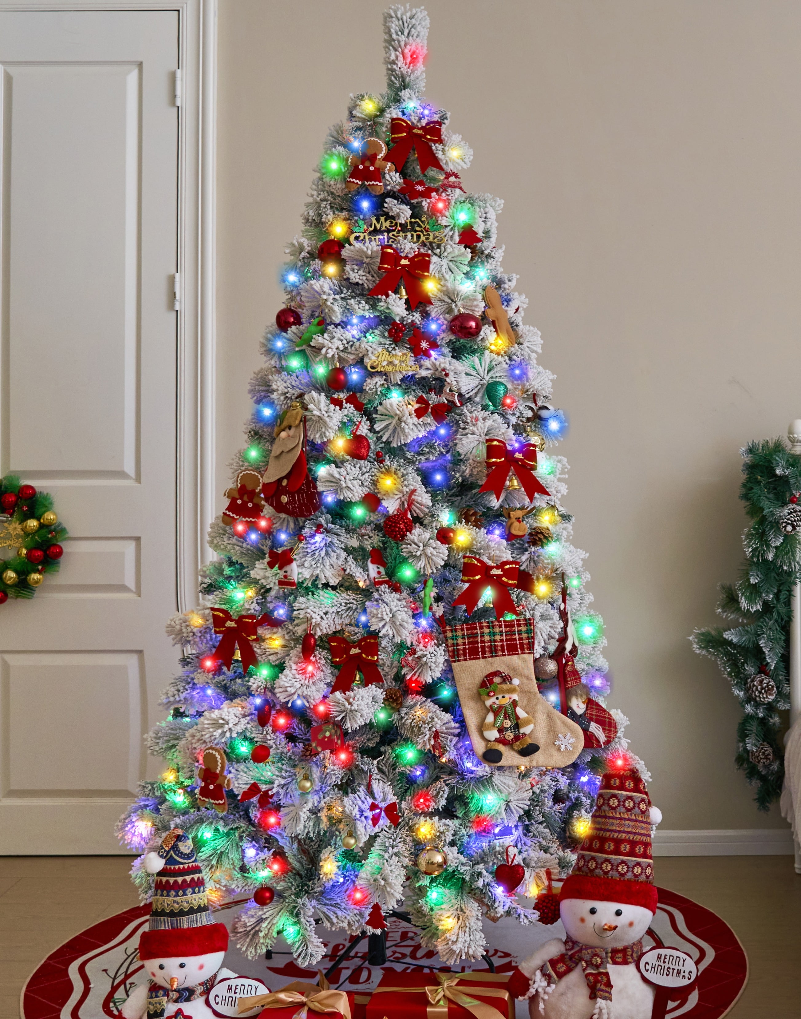 BSHAPPLUS 7.5 ft Pre-Lit Snow Flocked Christmas Tree,600 Multicolor ...