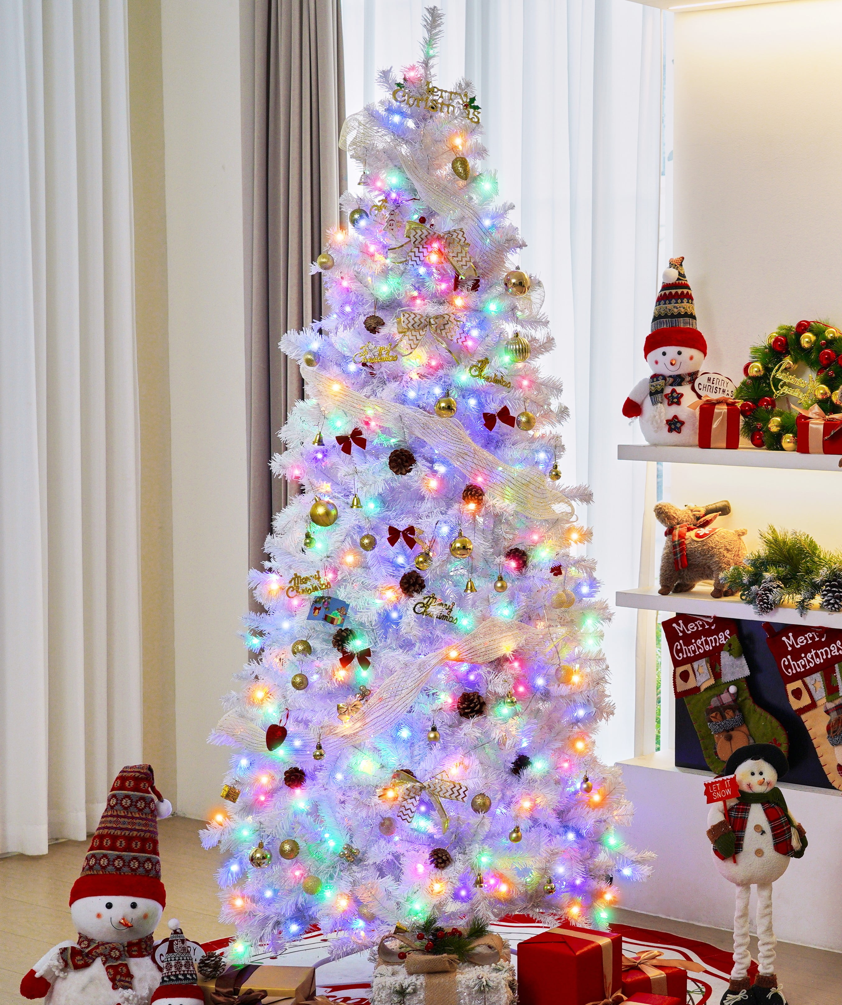 BSHAPPLUS 7.5 ft Pre-Lit White Christmas Tree,600 Color-Changing LED Lights,1600 Branch Tips ...