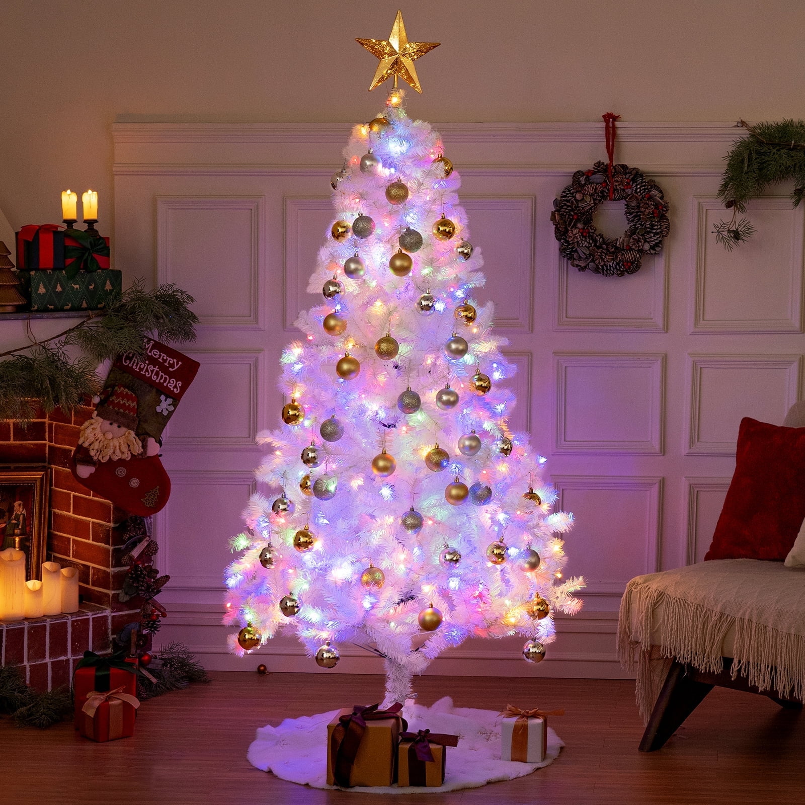 BSHAPPLUS® 6ft Pre-Lit White Christmas Tree with Remote Control ...
