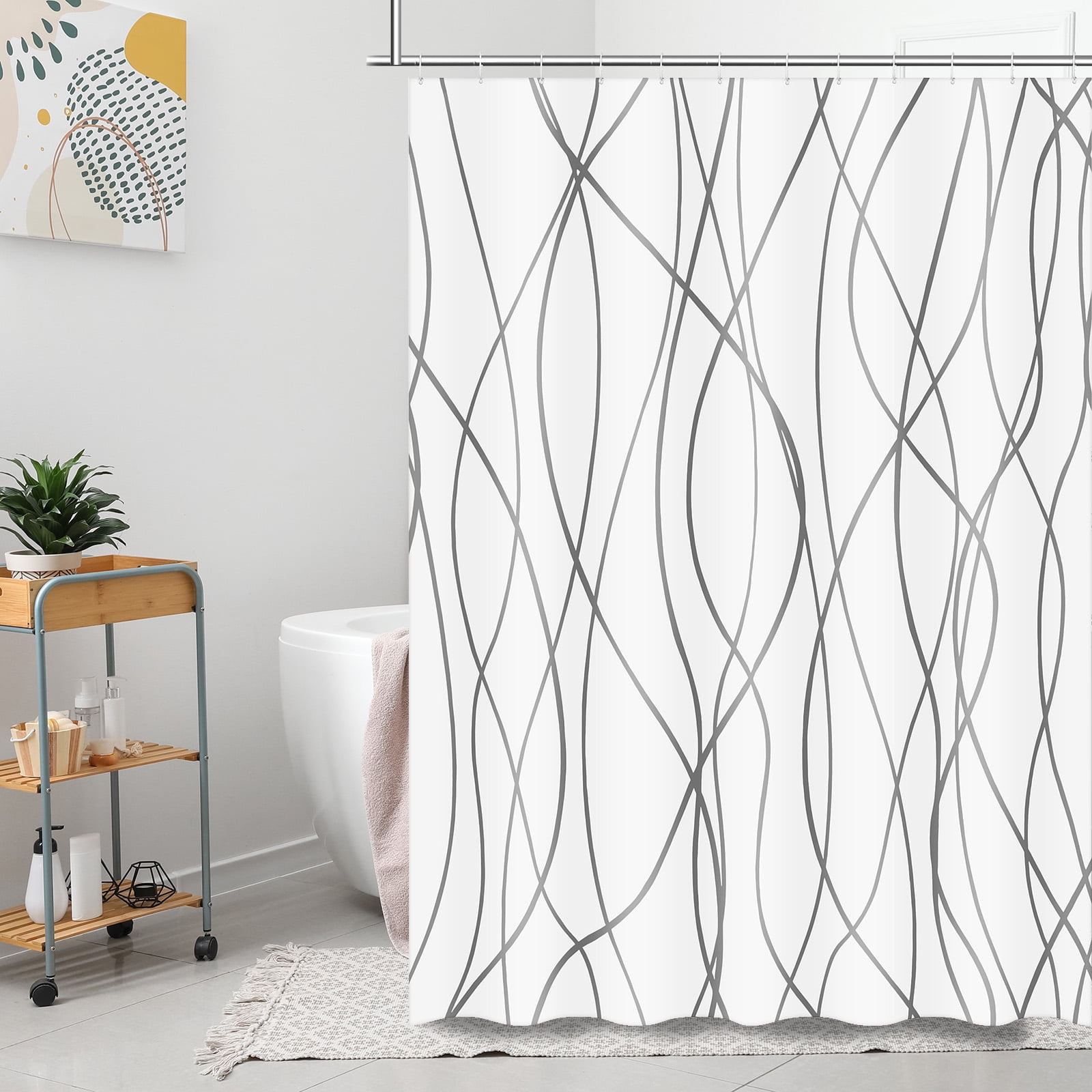 BSHAPPLUS 71"x71" Silver Grey Striped Fabric Shower Curtain with 12 ...