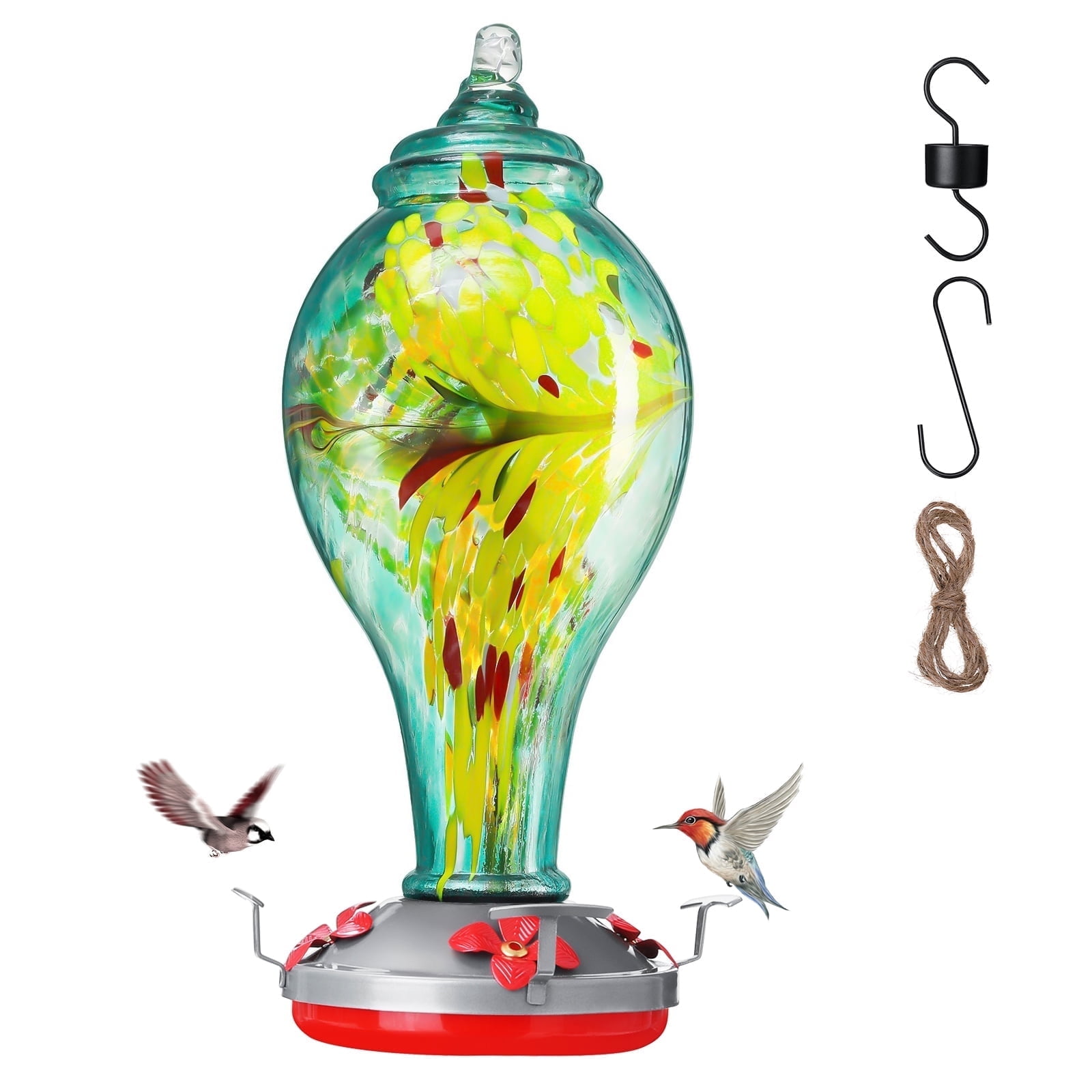 BSHAPPLUS Turquoise Blown Glass Hummingbird Feeder, 35.5oz with Ant ...
