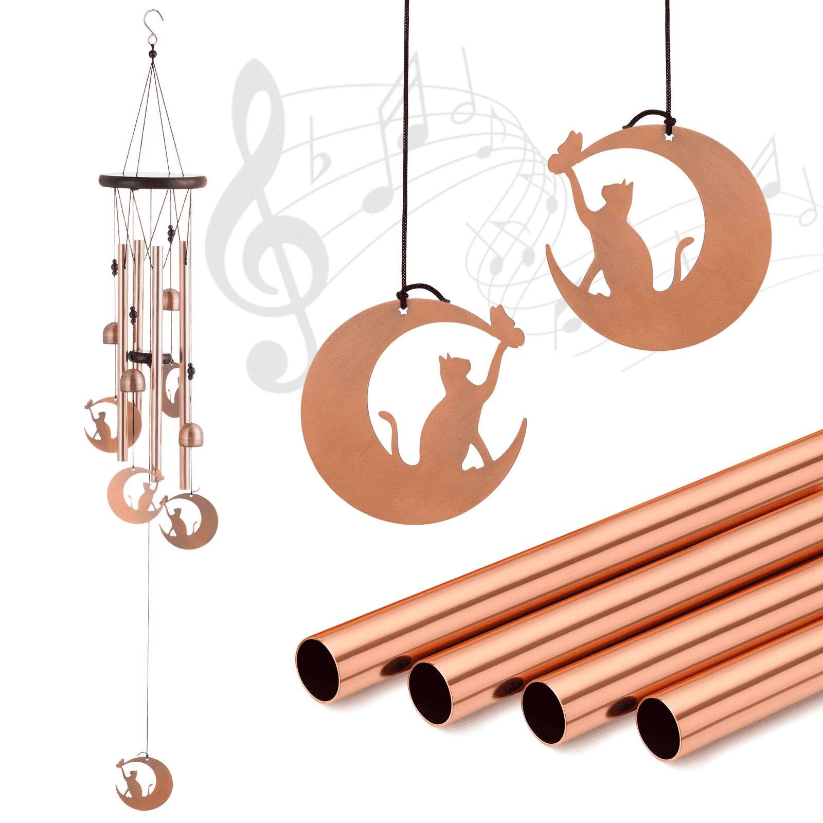 BSHAPPLUS Wind Chimes for Outside 35inch Moon&Cat Wind Chimes with ...