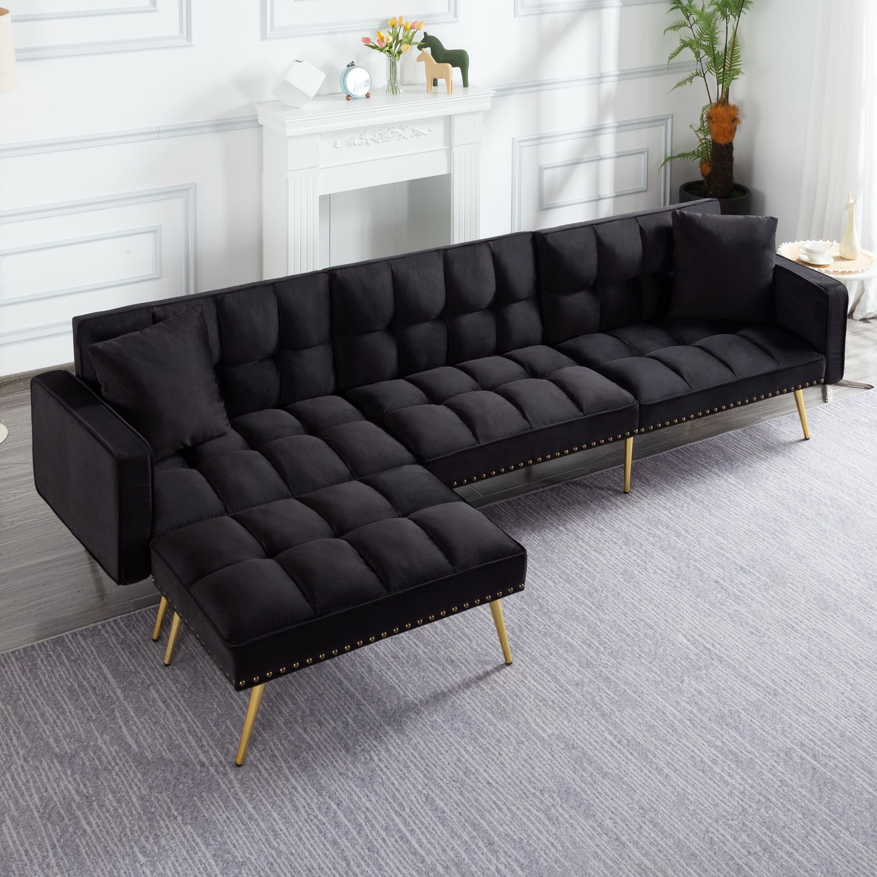 BSHTI 107” Nailheads Decor Sectional Sleeper,Full Size,5 Adjustable ...