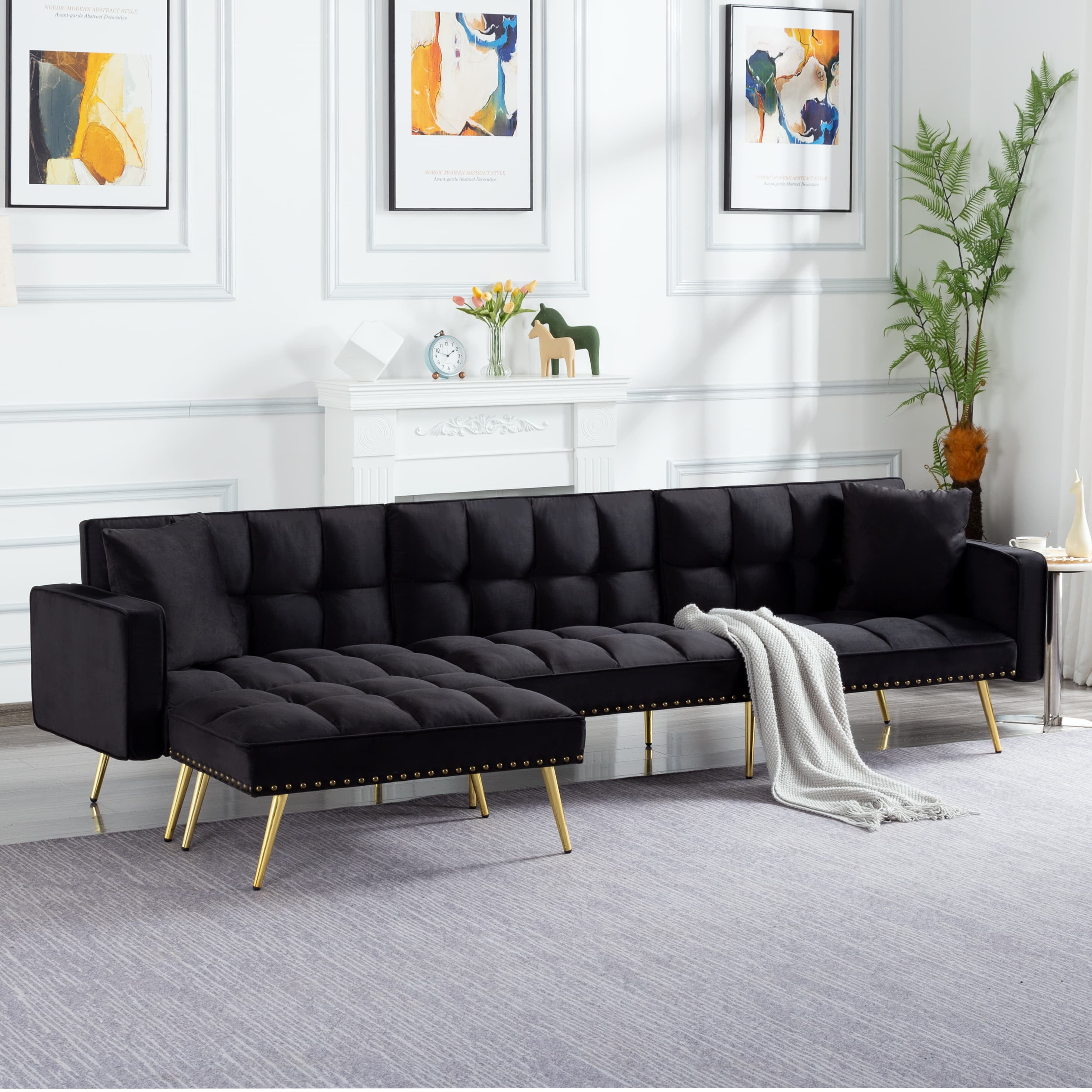 BSHTI 107”Sectional Futon Sleeper Sofa Bed,Velvet Upholstery,Split Back ...