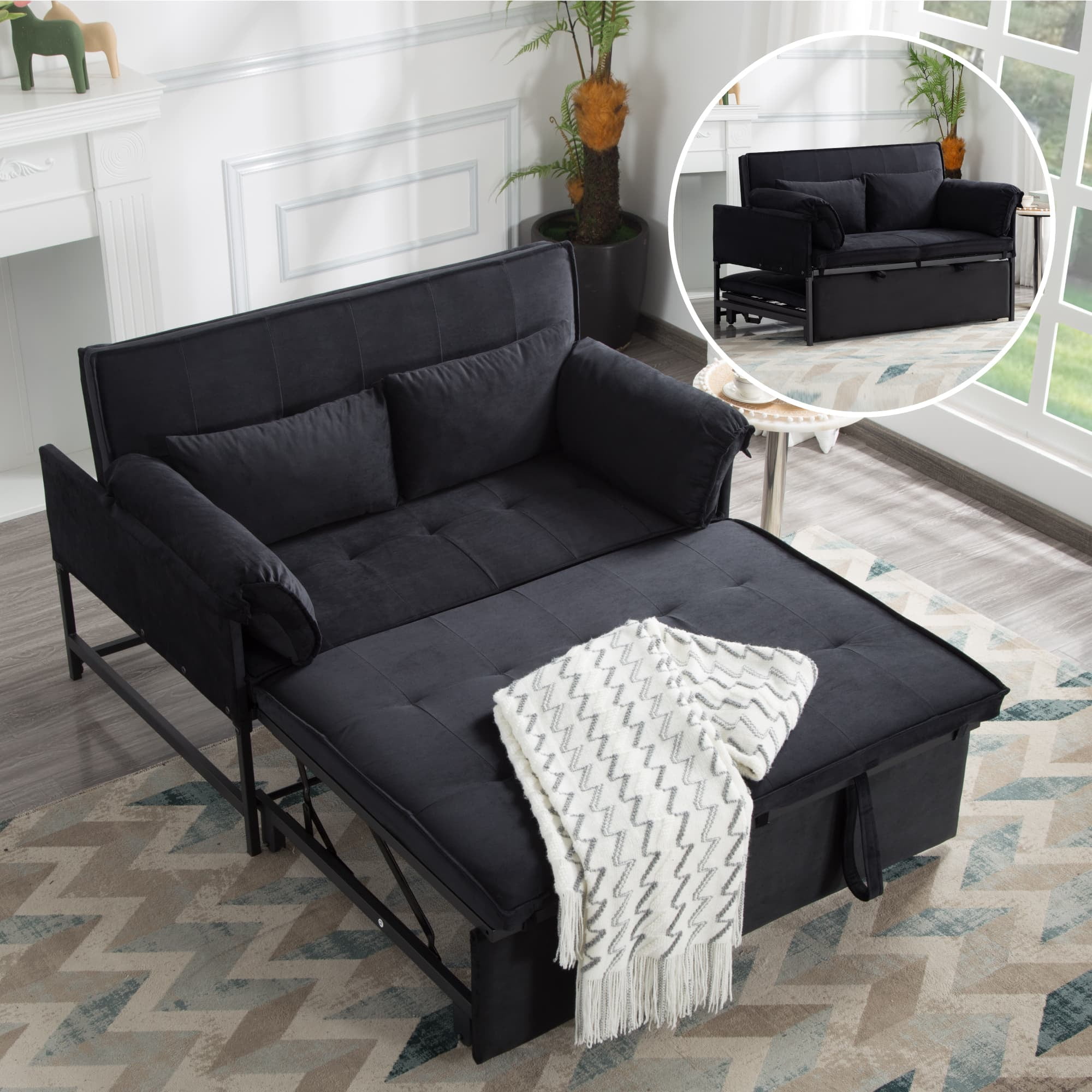 BSHTI 46 inch Convertble Sleeper Sofa Bed,Black Velvet Upholstered ...