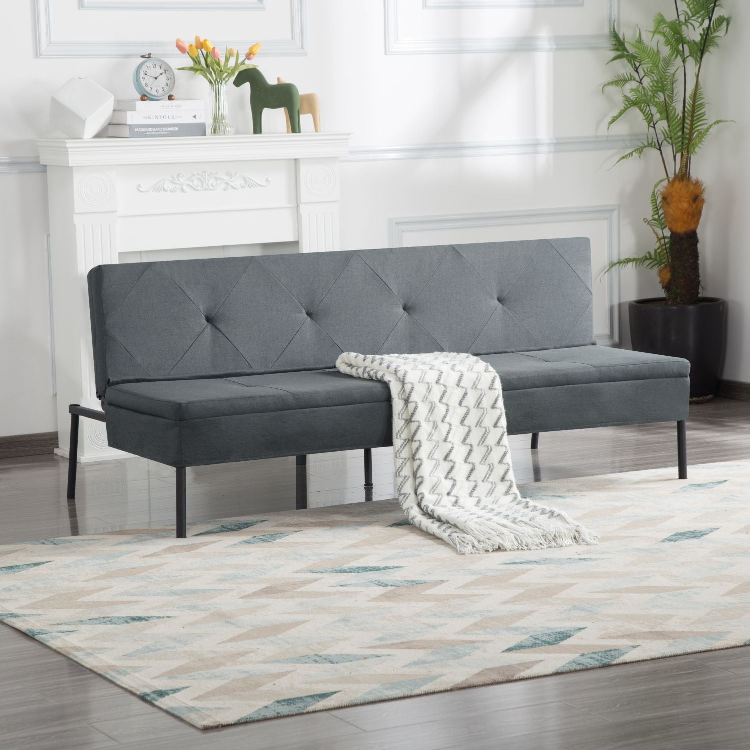 BSHTI 63”Futon Sofa Bed,Upholstered with Polyester Fabric Convertible ...