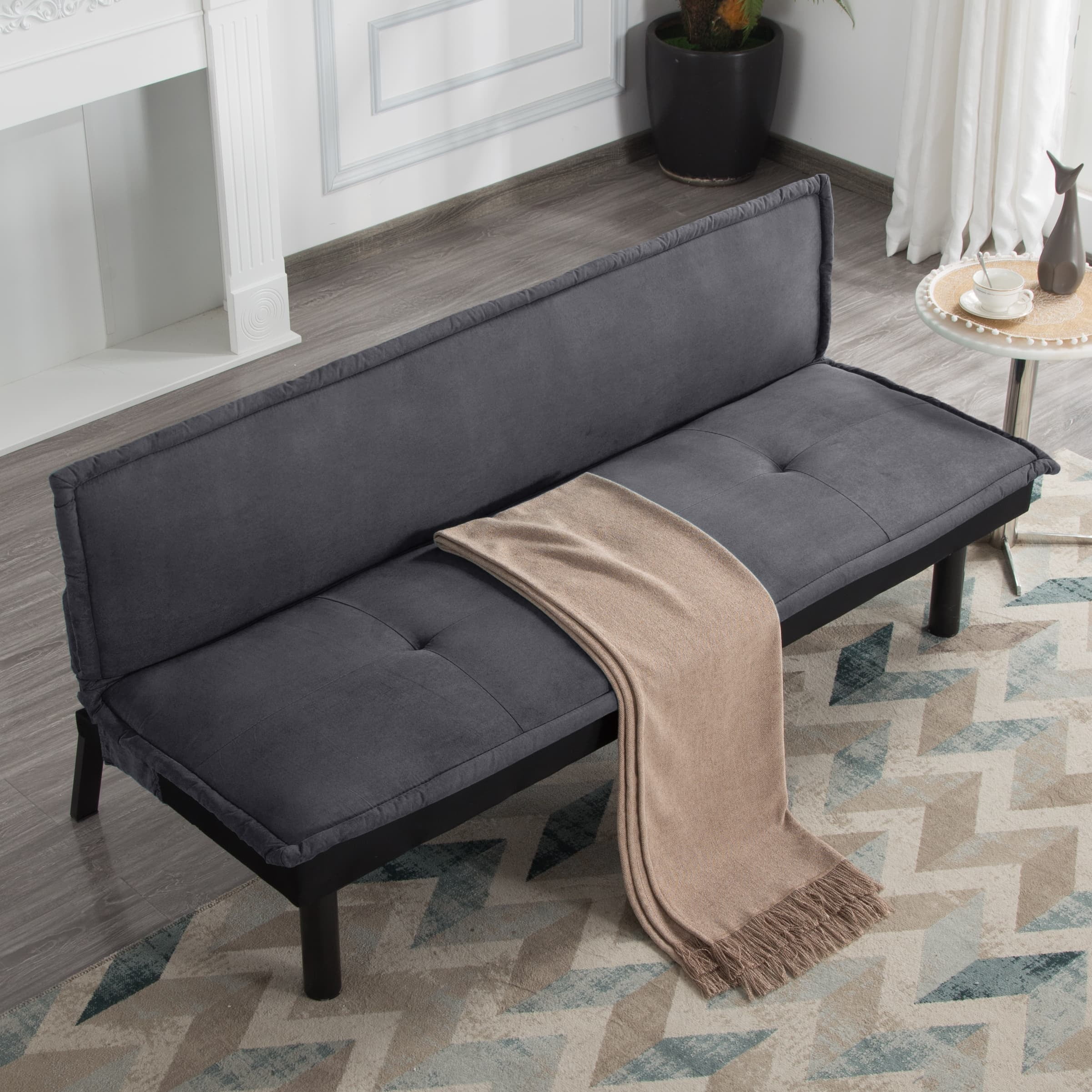 BSHTI 64.6 Twin Convertible Futon Sofa Bed Gray Velvet Adjustable ...