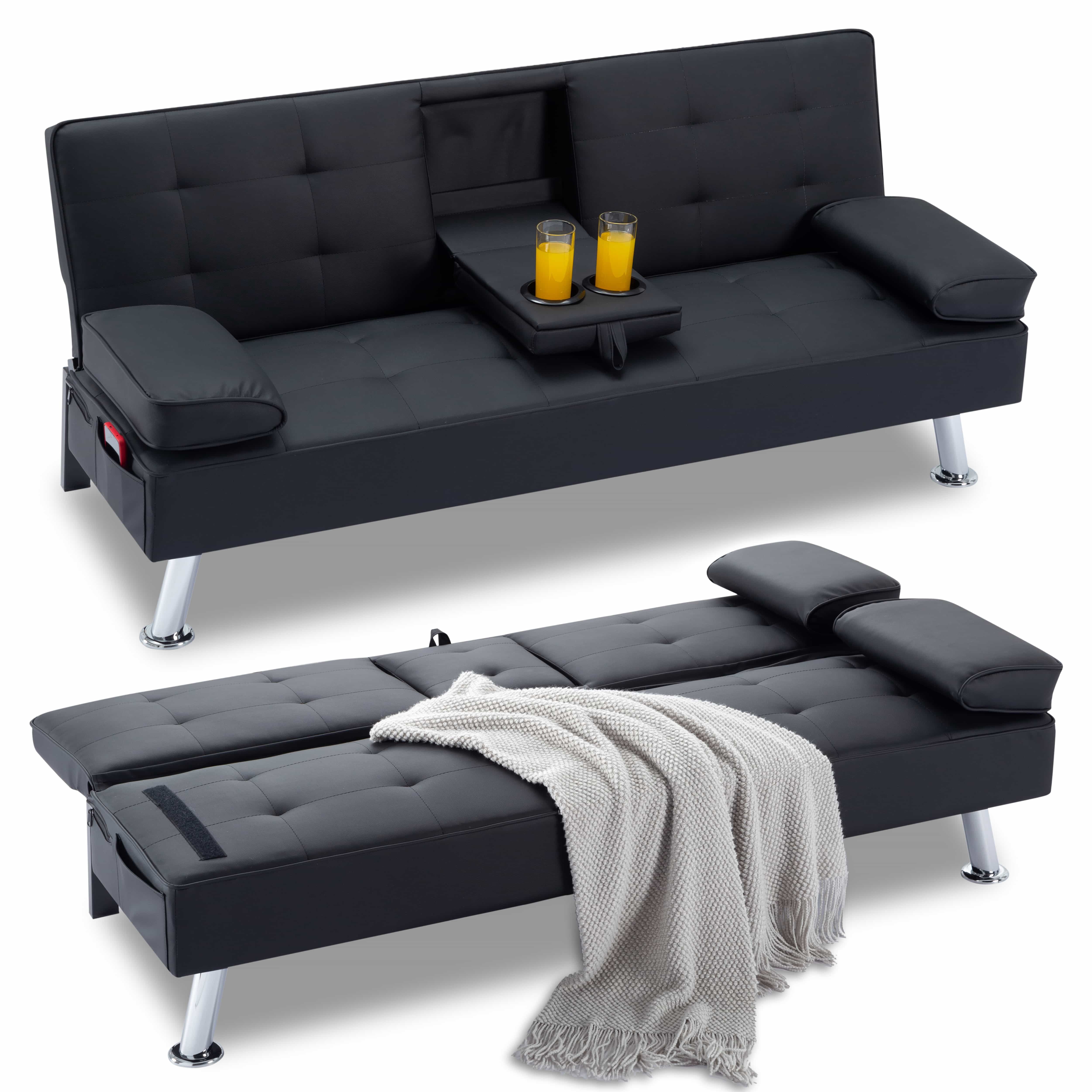 BSHTI 65.3 Futon Sleeper Sofa Black PU Upholstery Convertible Bed with ...
