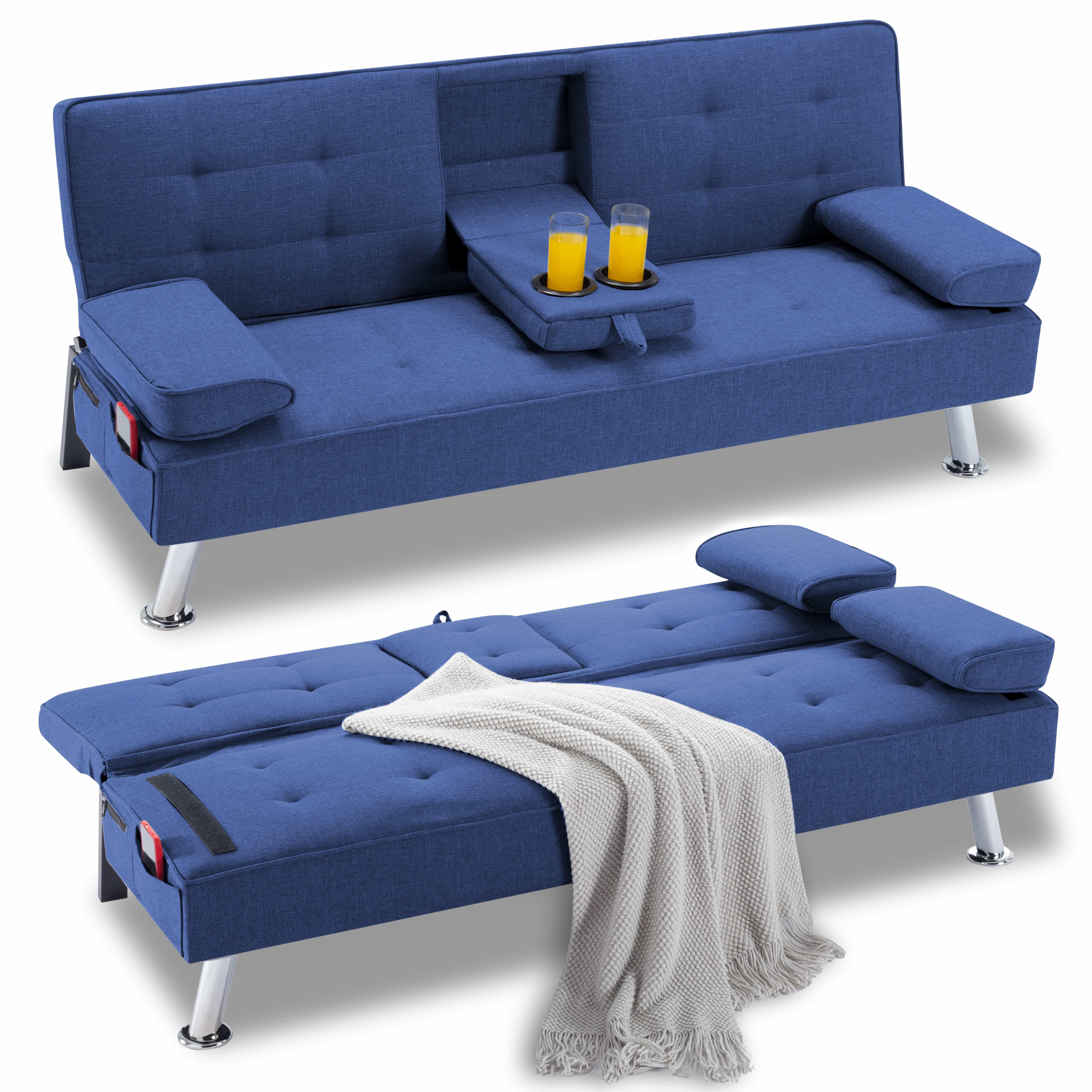 BSHTI 65.3 Futon Sleeper Sofa Navy Blue Polyester Convertible Bed with ...