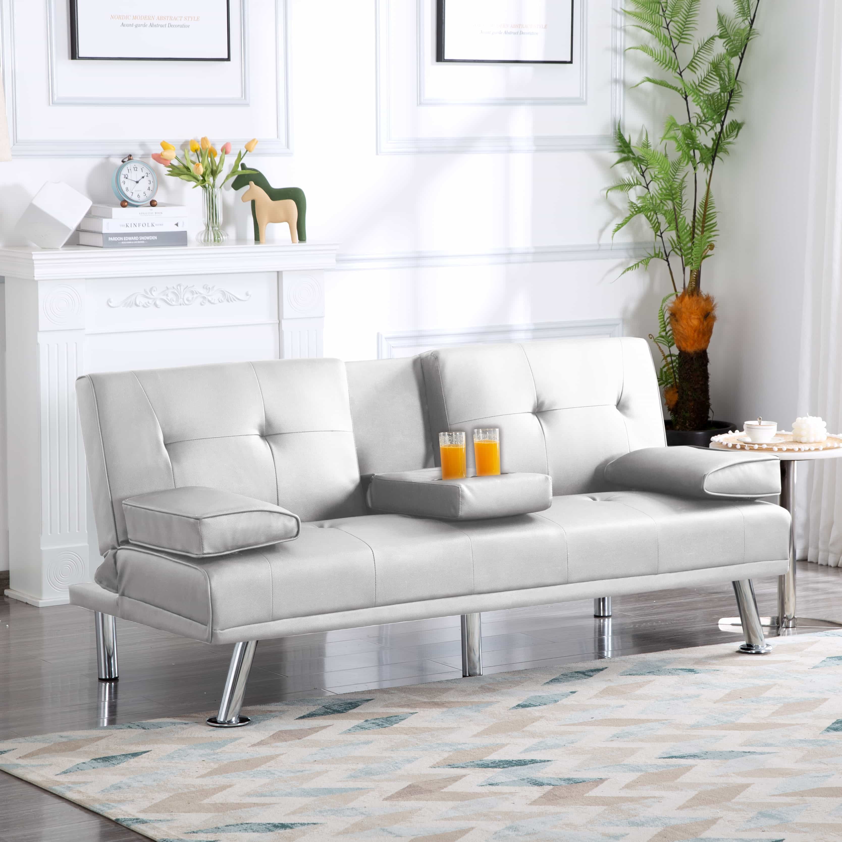 Free Shipping! BSHTI 66.1” Modern Futon Sleeper Sofa Bed Light Gray Linen Upholstery with Metal ...