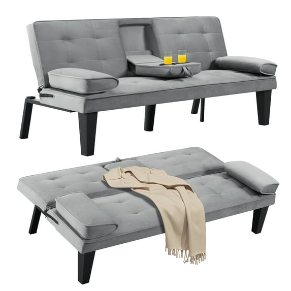 BSHTI 65" Modern Linen Futon Sofa Bed with Drop Down Cup Holders, 3 ...