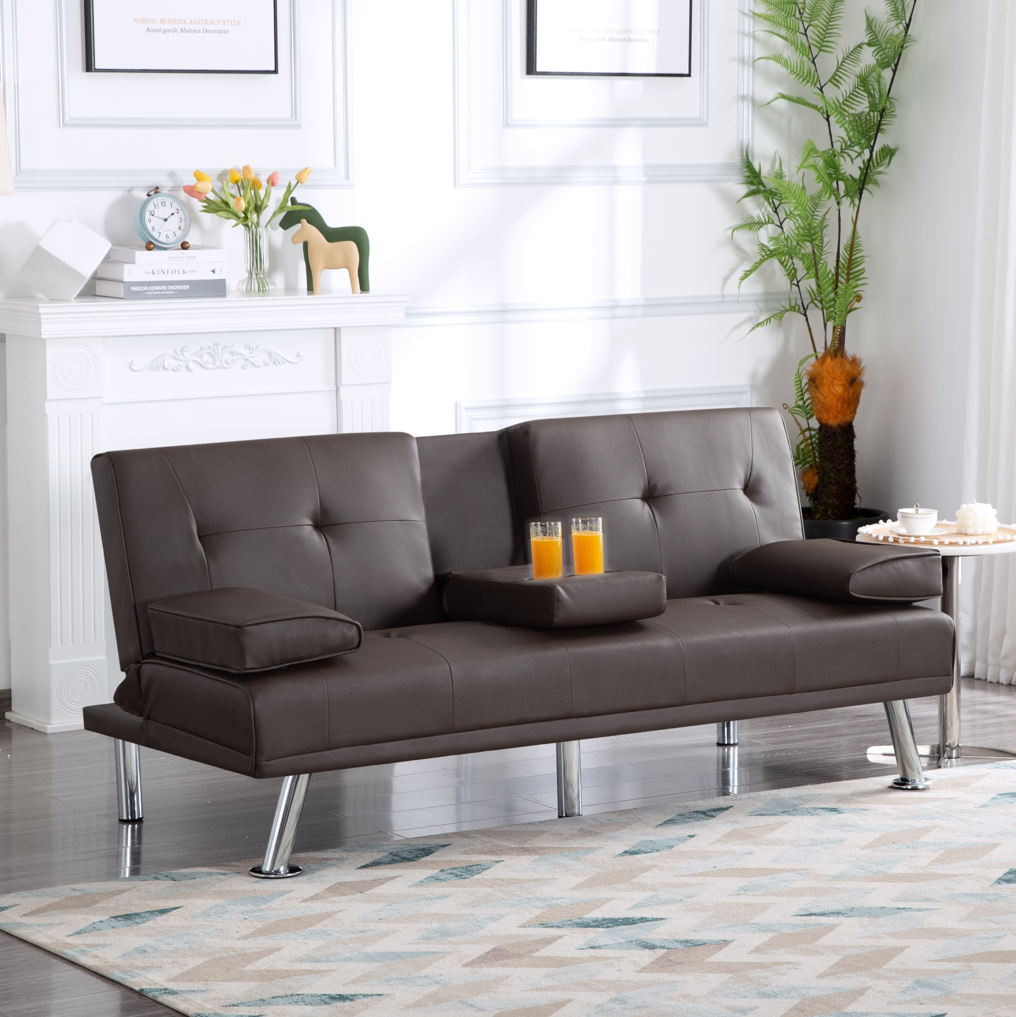 BSHTI 66.1” Futon Sleeper Sofa Bed,Twin Size Futon Sleeper,Brown PU ...