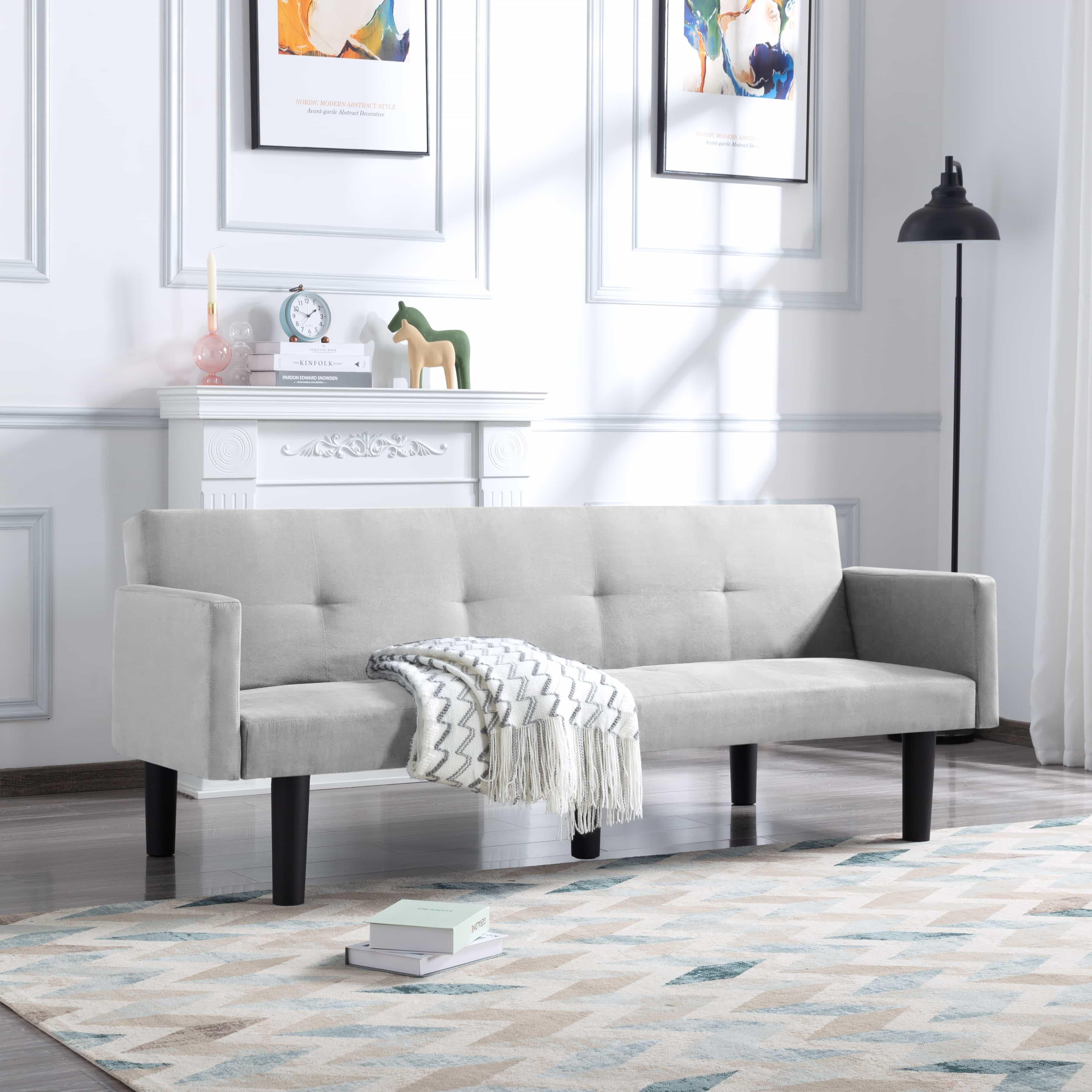 BSHTI 74.8” Futon Sofa Bed,Light Gray Faux Suede Upholstered,Twin Size ...