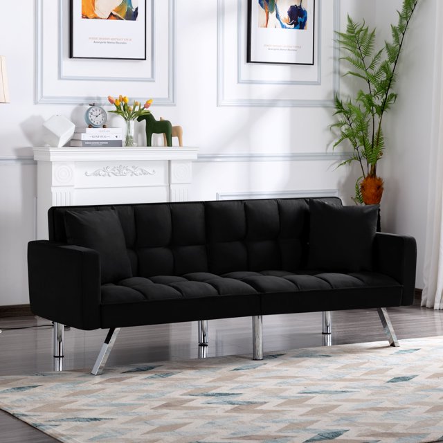 BSHTI 74”Tufted Futon Sofa Bed,Twin Size Black Velvet Fabric Sleeper ...