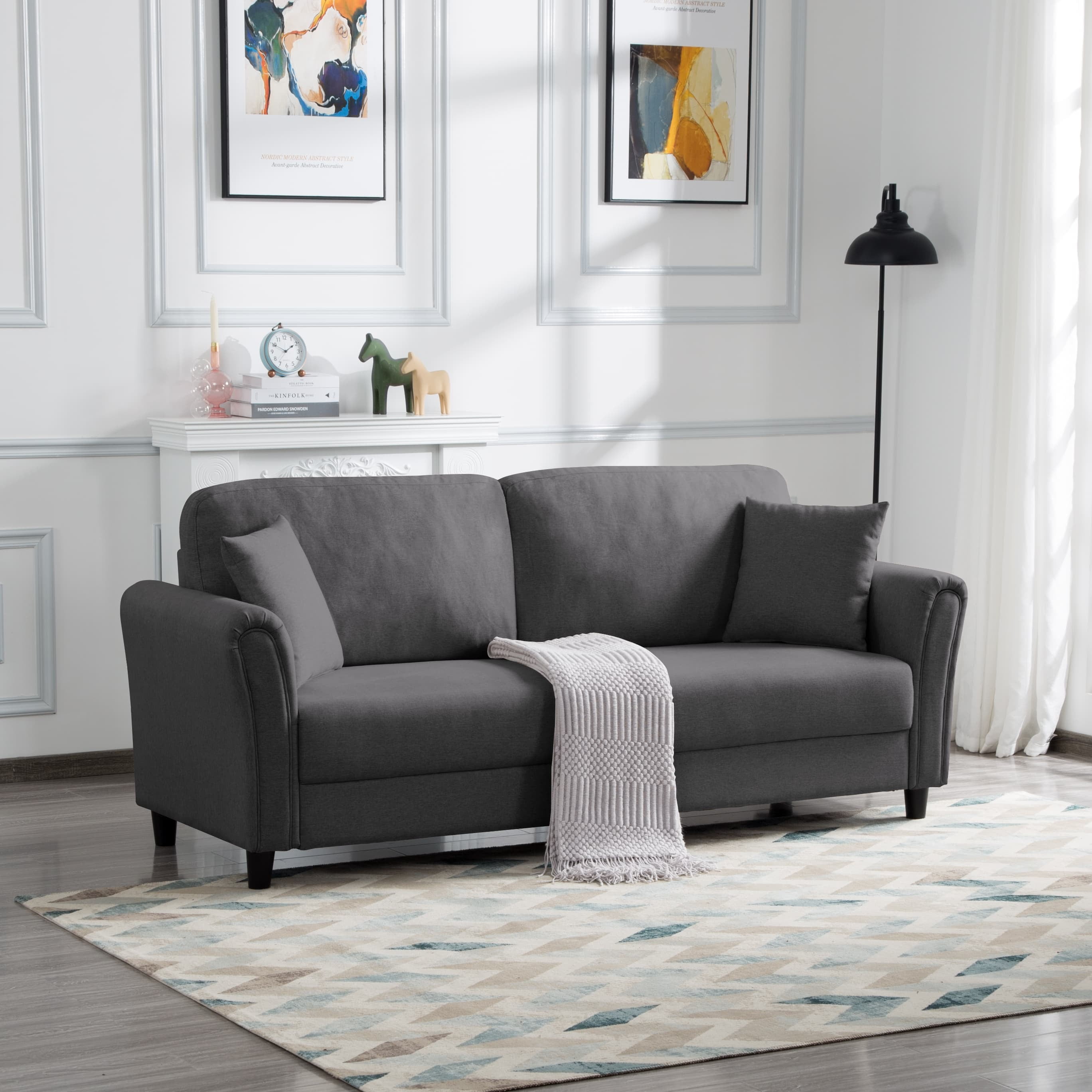 BSHTI 81.5 Modern Sofa Couch Dark Grey Linen Fabric Wood Frame Rolled ...