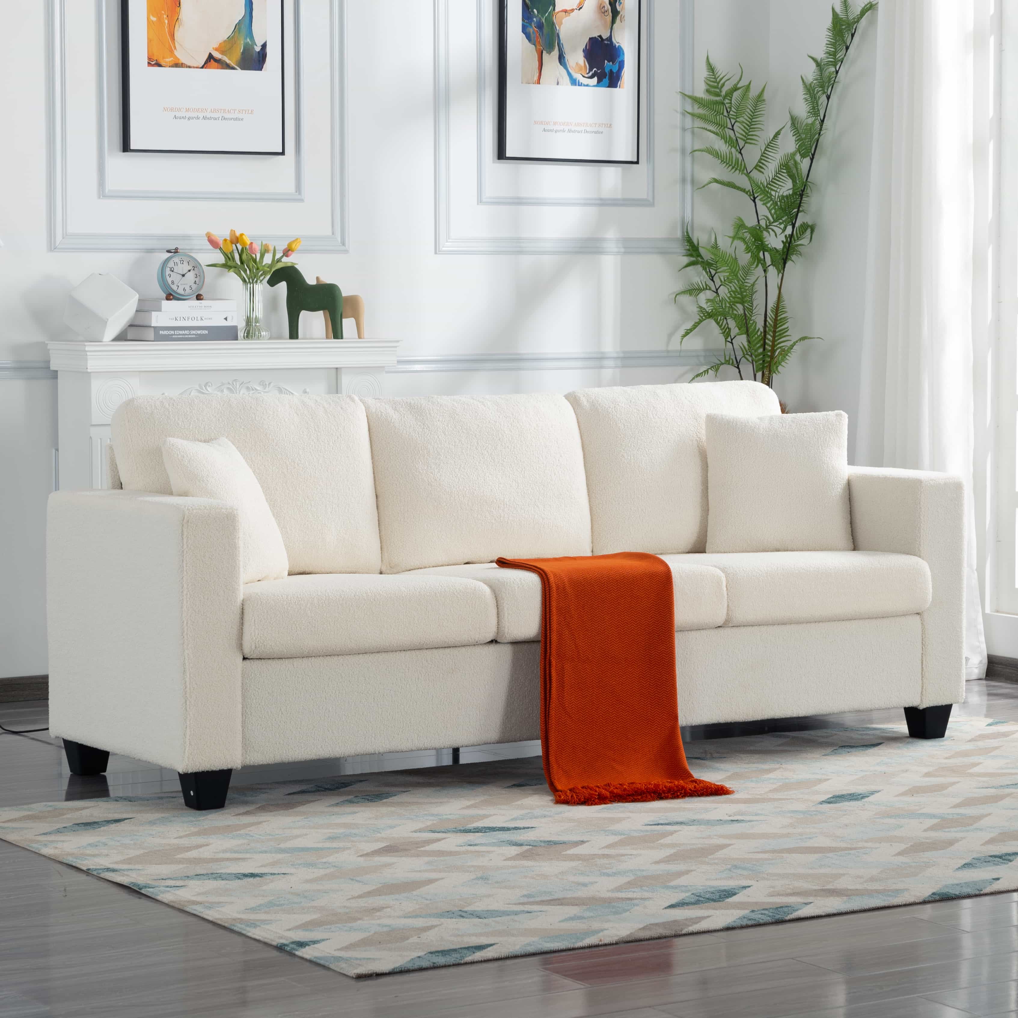 BSHTI 86.6 inch Modern Style Teddy Fabric Sofa with 2 Pillows,Featuring ...