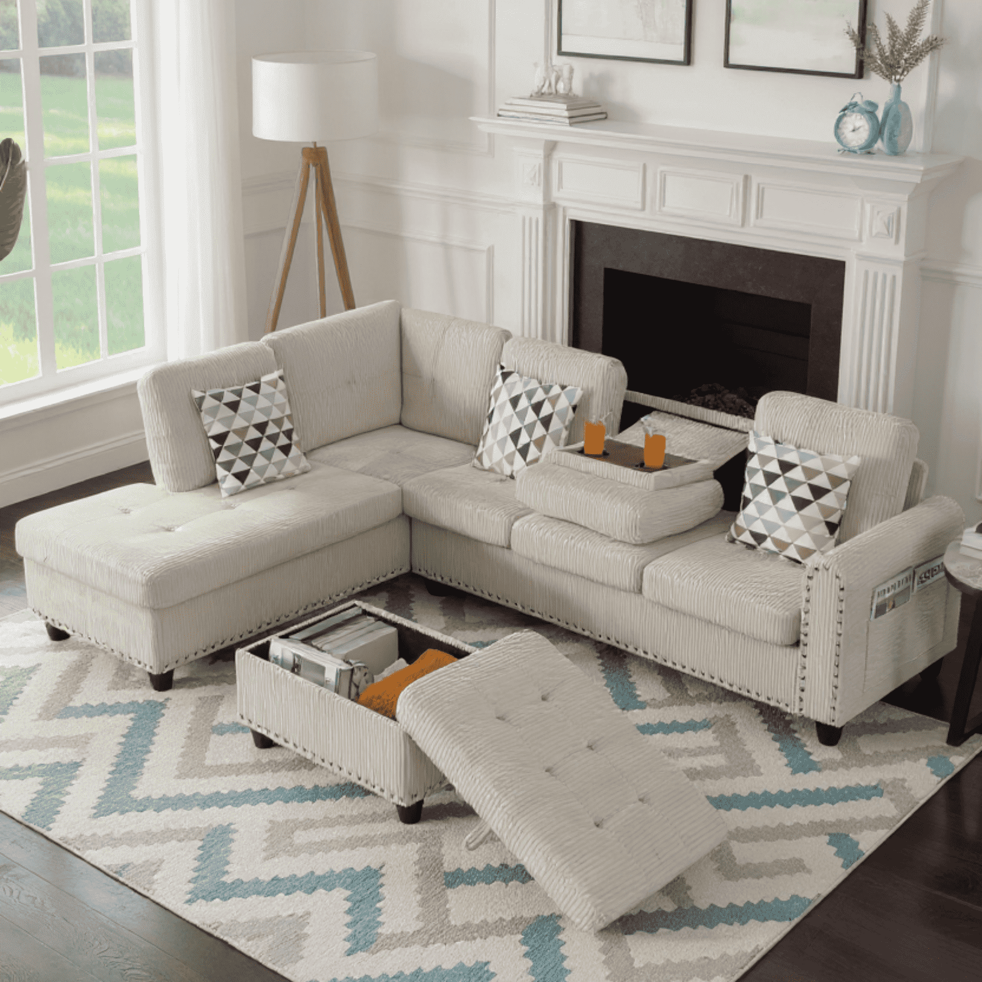 BSHTI 94.49”L-Shaped Modular Sectional Sofa, with Convenient Storage Ottoman, Corduroy Fabric ...