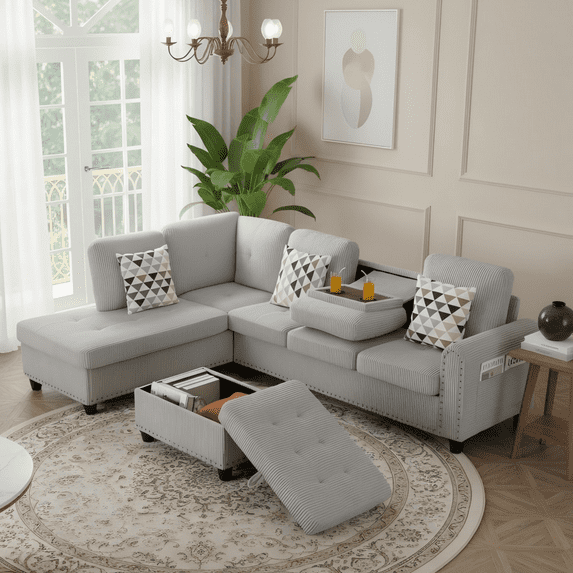 BSHTI 94.49" Modular L-Shaped Sectional Sofa with Drop-Down Cup Holders ...